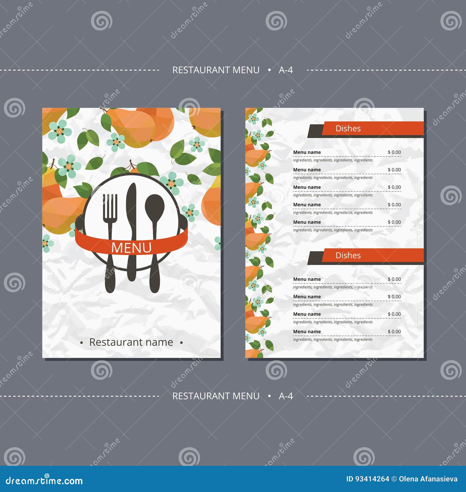 Vector Template Restaurant Menu with Pears and Flowers Stock Vector ...