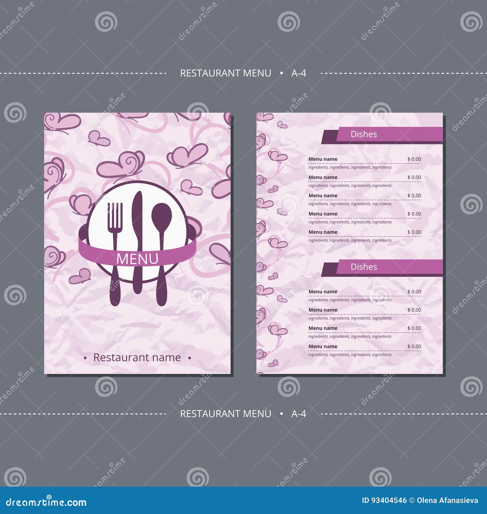 Vector Template Restaurant Menu with Pink Butterfly Stock Vector ...