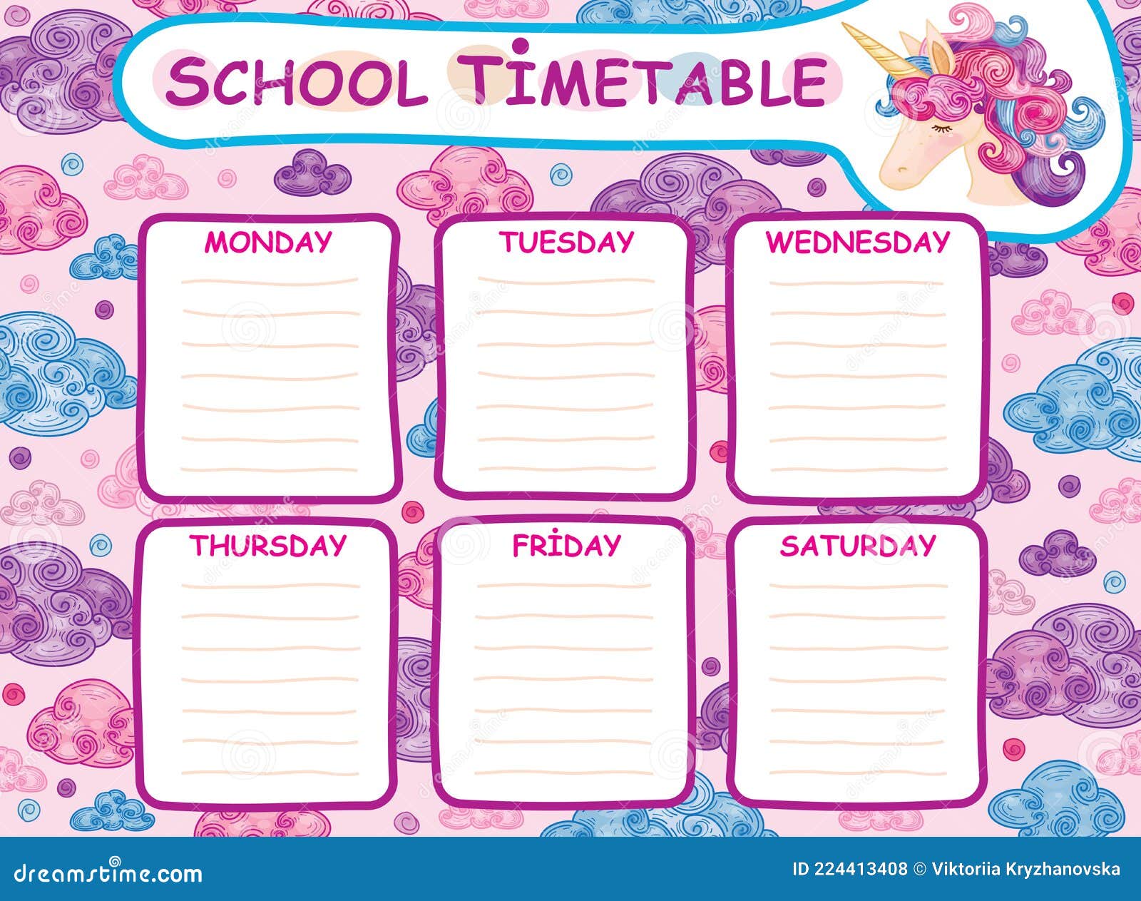 Vector Template School Timetable, Colorful Unicorn and Clouds Cartoons ...
