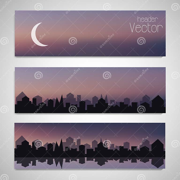 Vector Template of Three Headers with Sky and Night City. Website ...