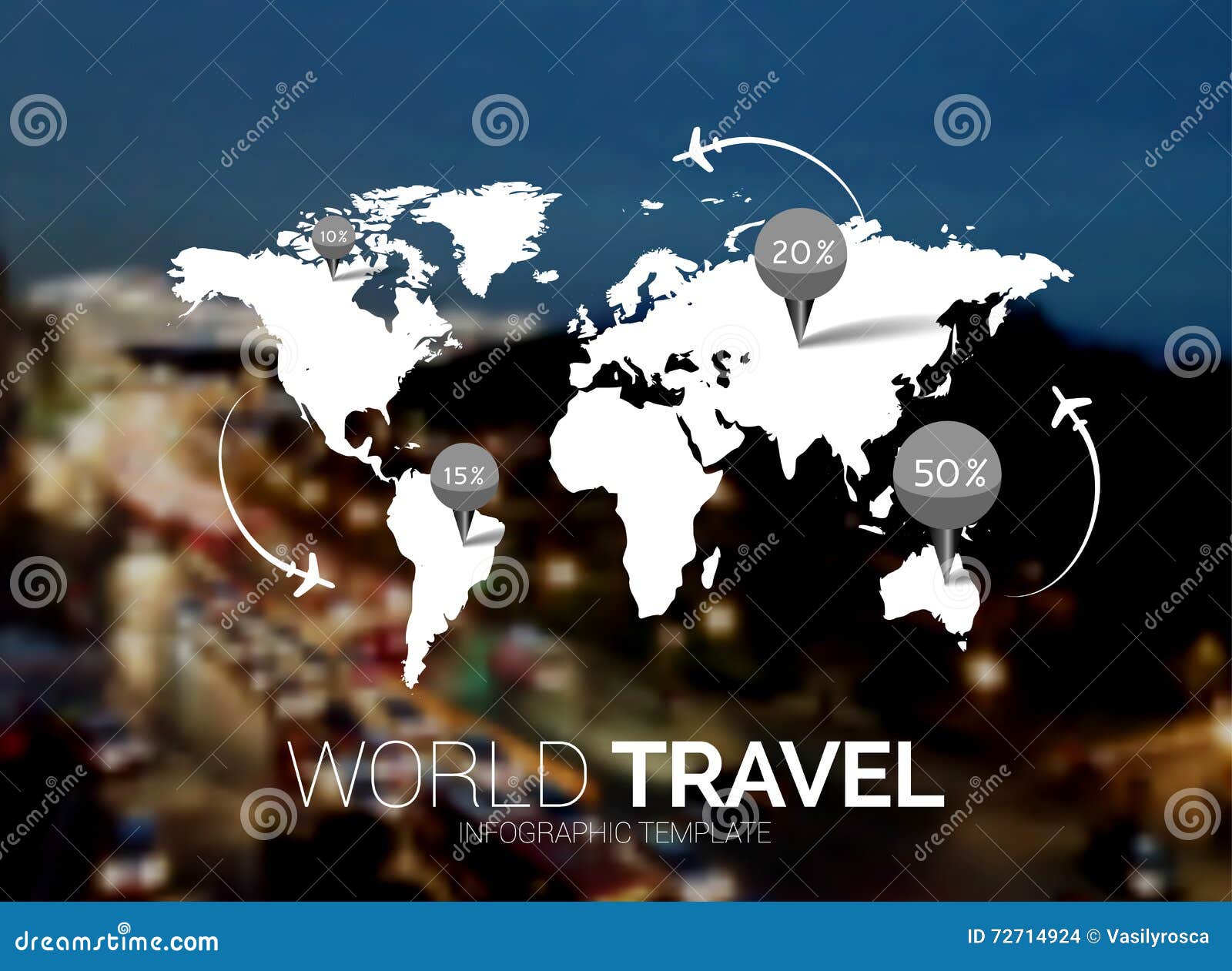 Vector Template. World Map on Blurred Nature Background. Points, Travel ...