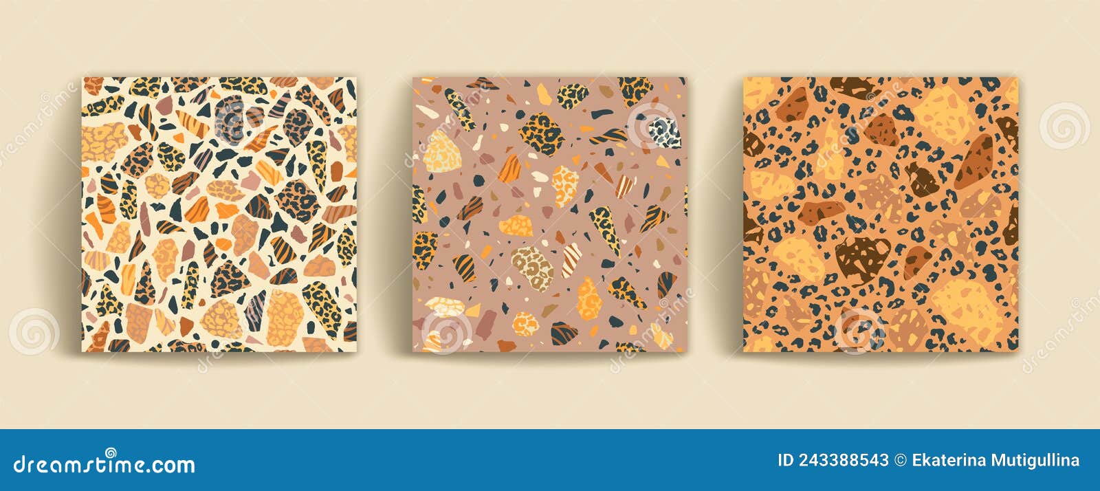 Vector Terrazzo and Wild Animal Mix Seamless Patterns Set. Abstract ...