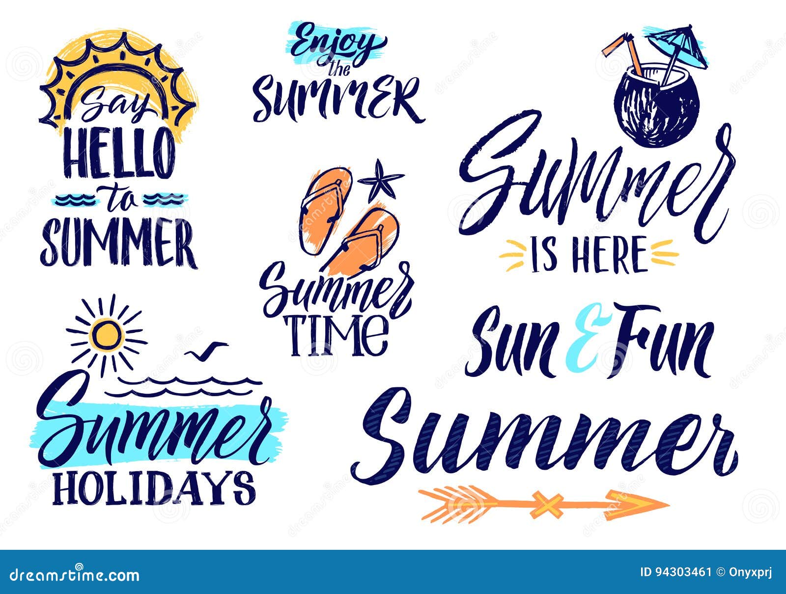 Vector Text Letters for Summer Time. Handwriting Illustrations of Words ...
