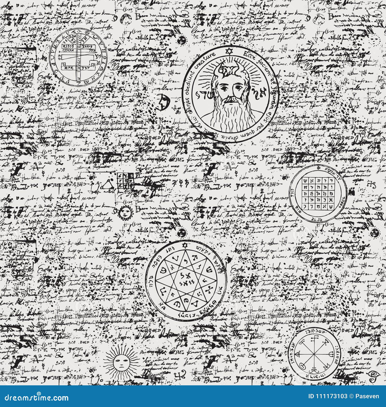 Seamless Pattern, Manuscript with Occult Symbols Stock Vector ...