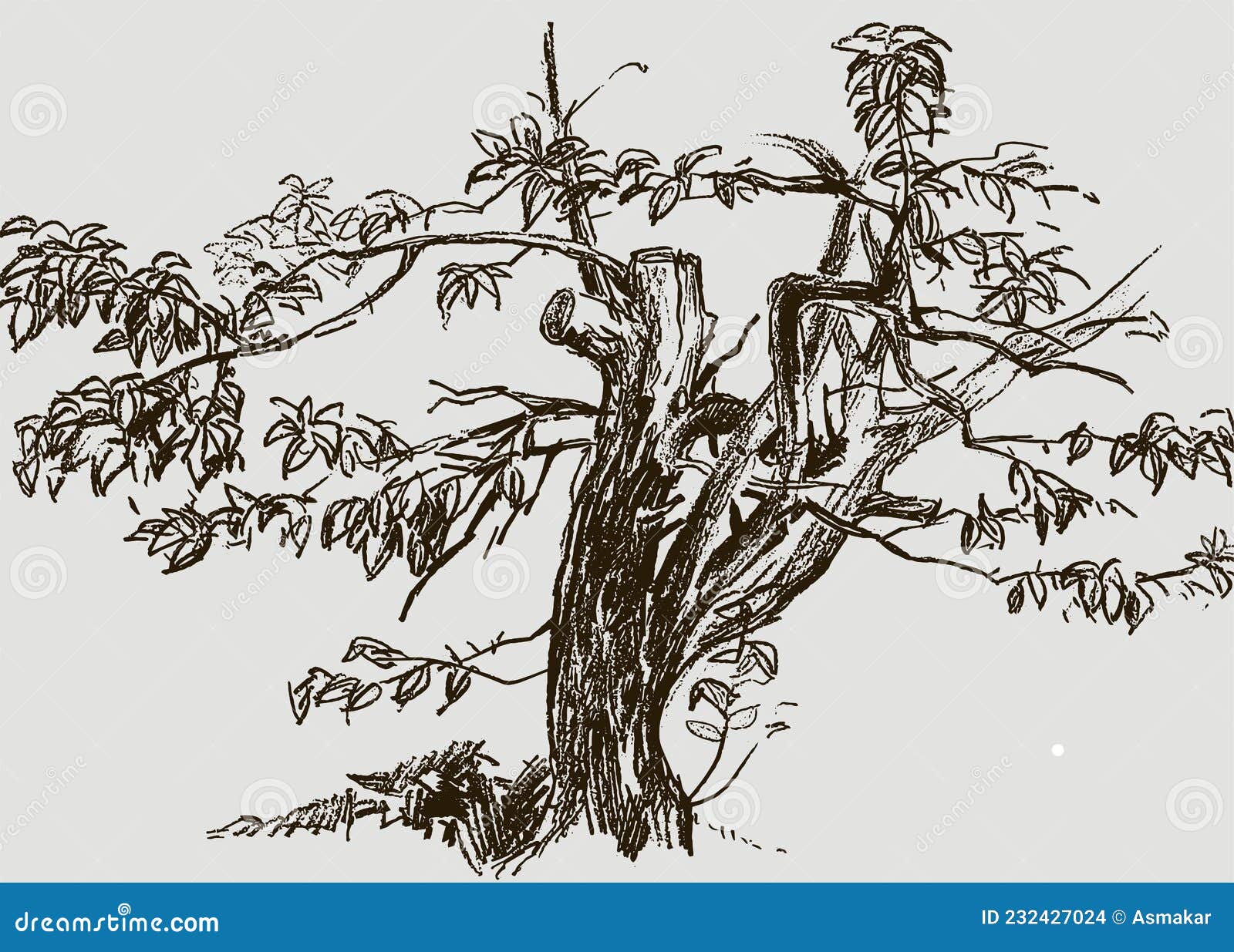 Vector Textured Abstract Drawing of Crooked Tree Branches with Leaves ...