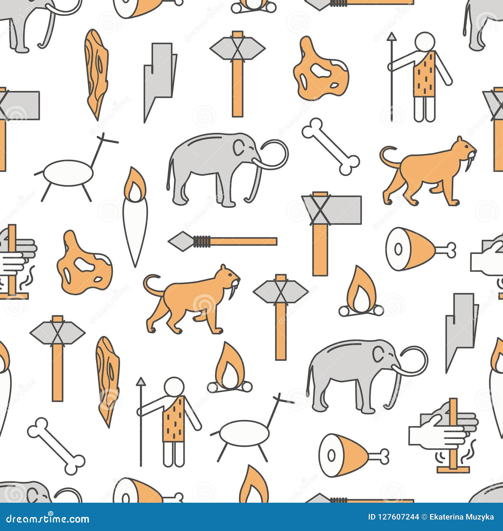 Vector Thin Line Art Cave People Seamless Pattern Stock Vector ...