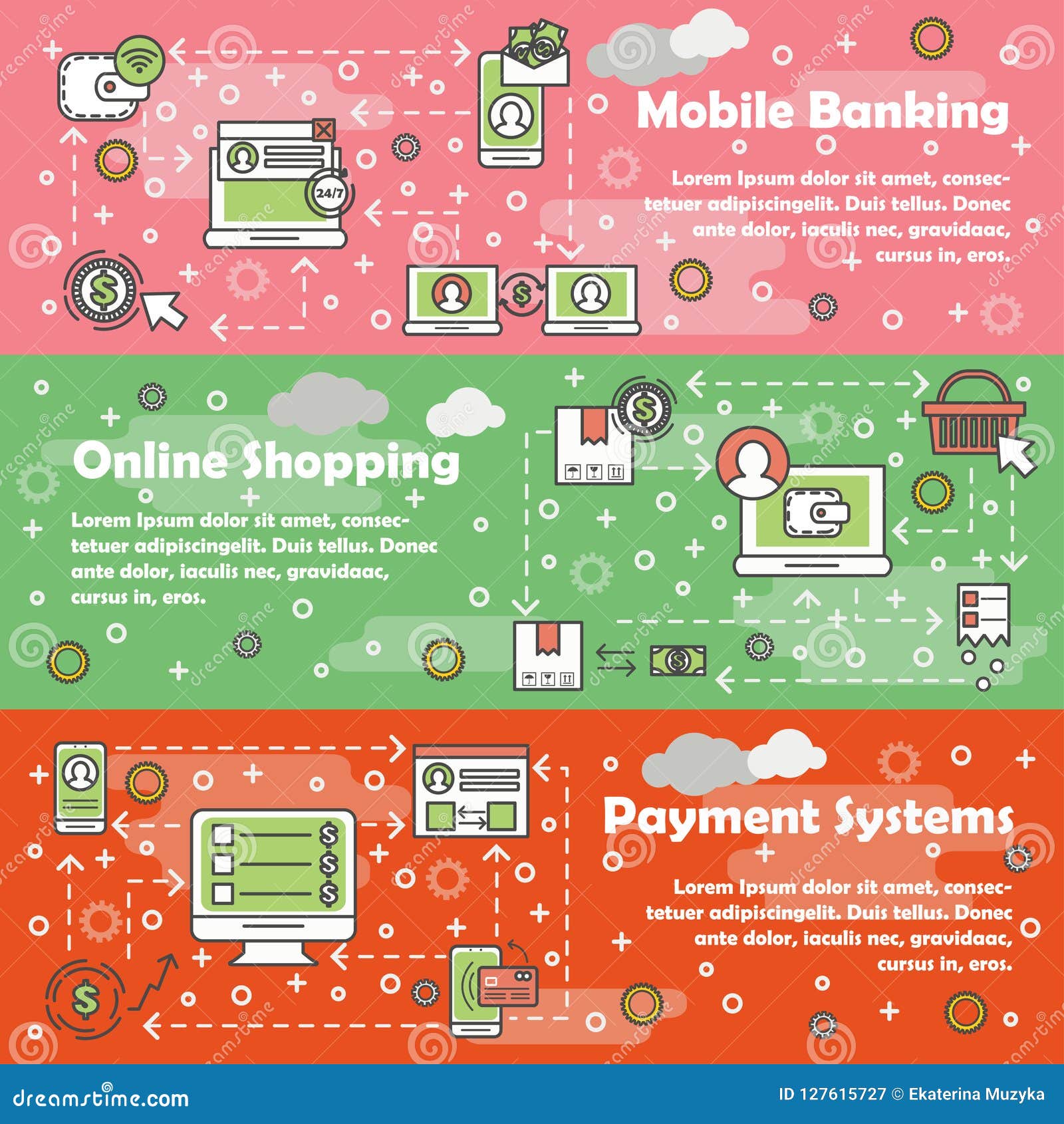 Vector Thin Line Art Mobile Banking Web Banner Set Stock Vector ...
