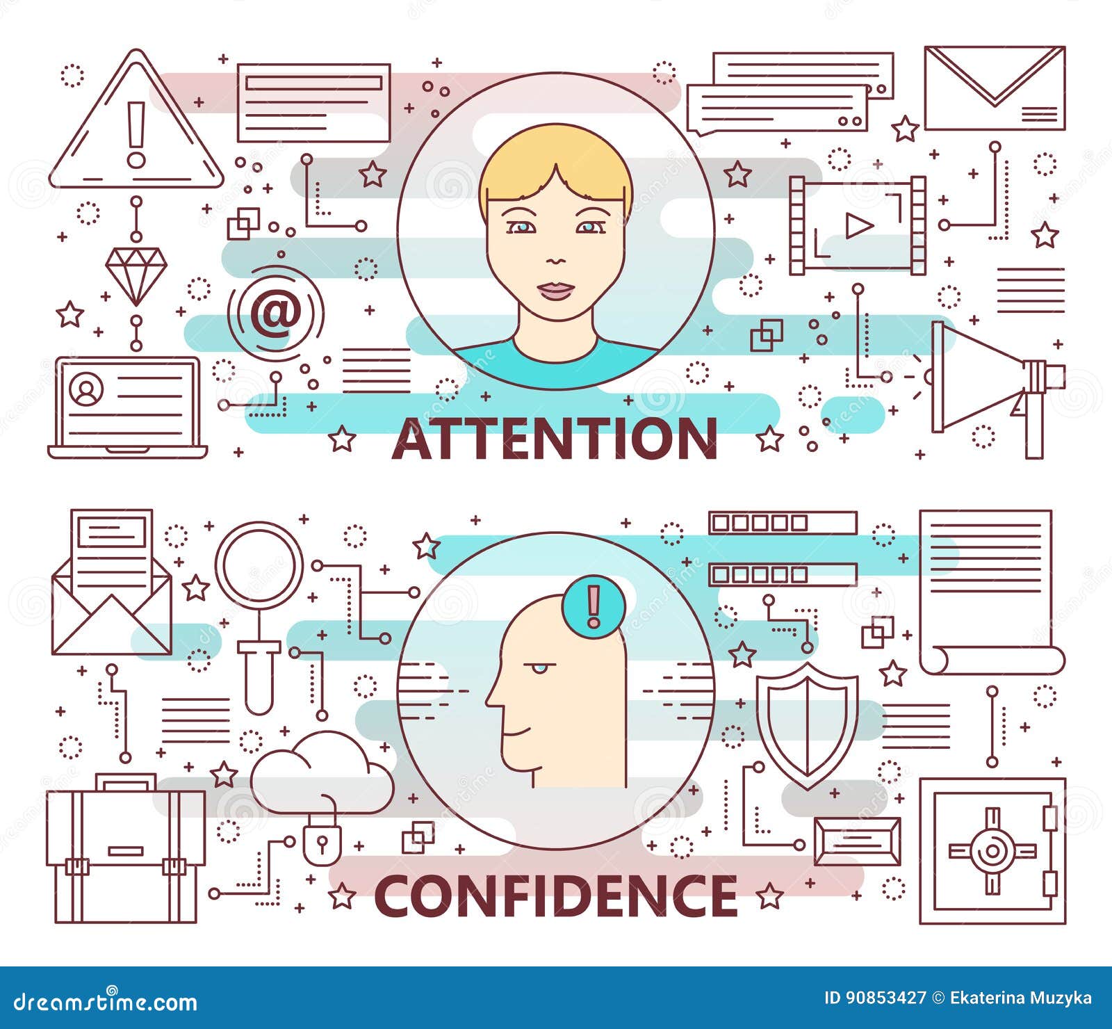 Vector Thin Line Flat Design Attention and Confidence Concept Banners ...