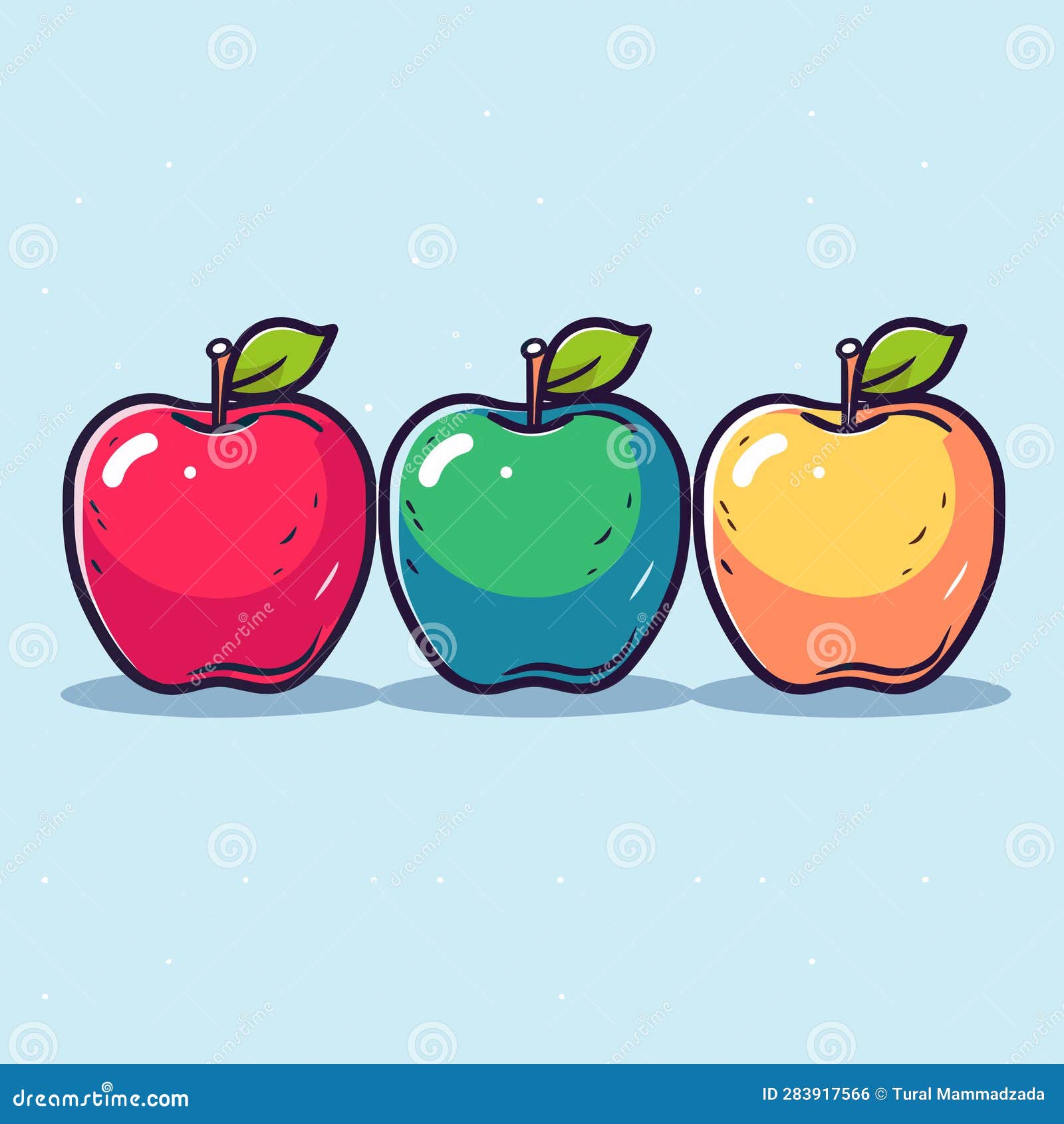 Vector of Three Green Apples with Leaves on a White Background Stock ...