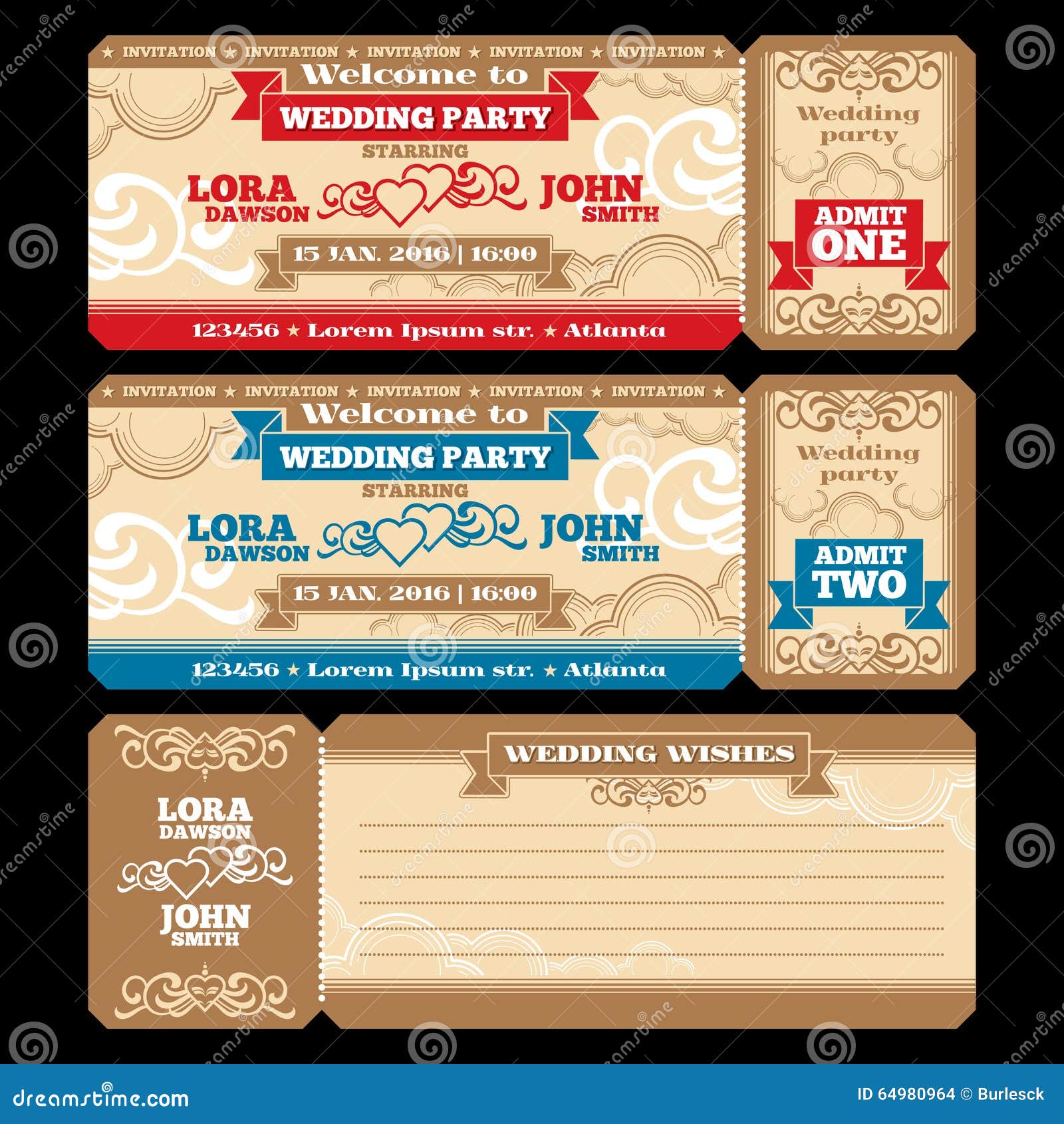 Ticket For Wedding Invitation With Bride And Groom Pastel Silhouettes ...