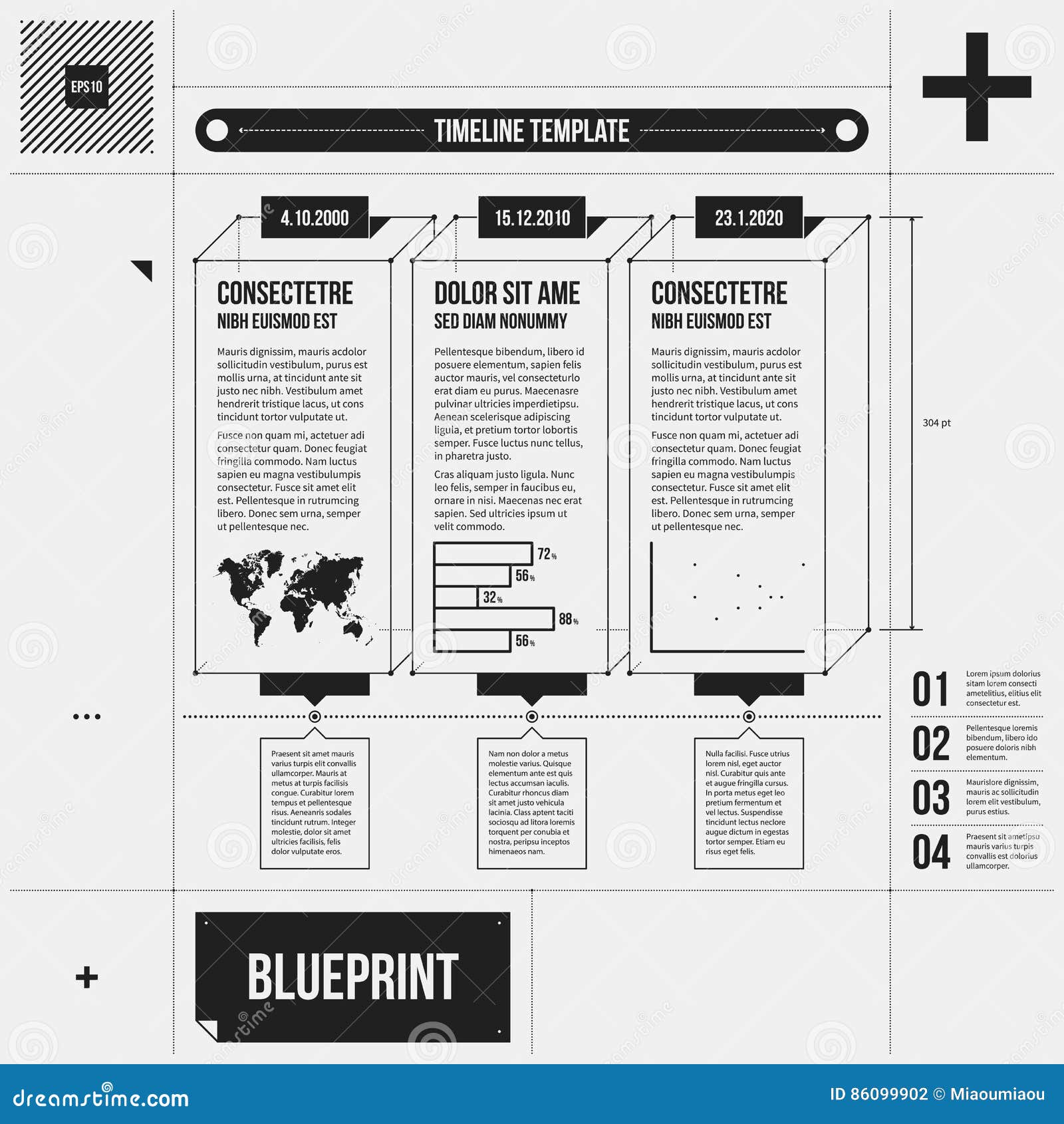 Vector Timeline Template with Rectangle Elements in Draft Style Stock ...