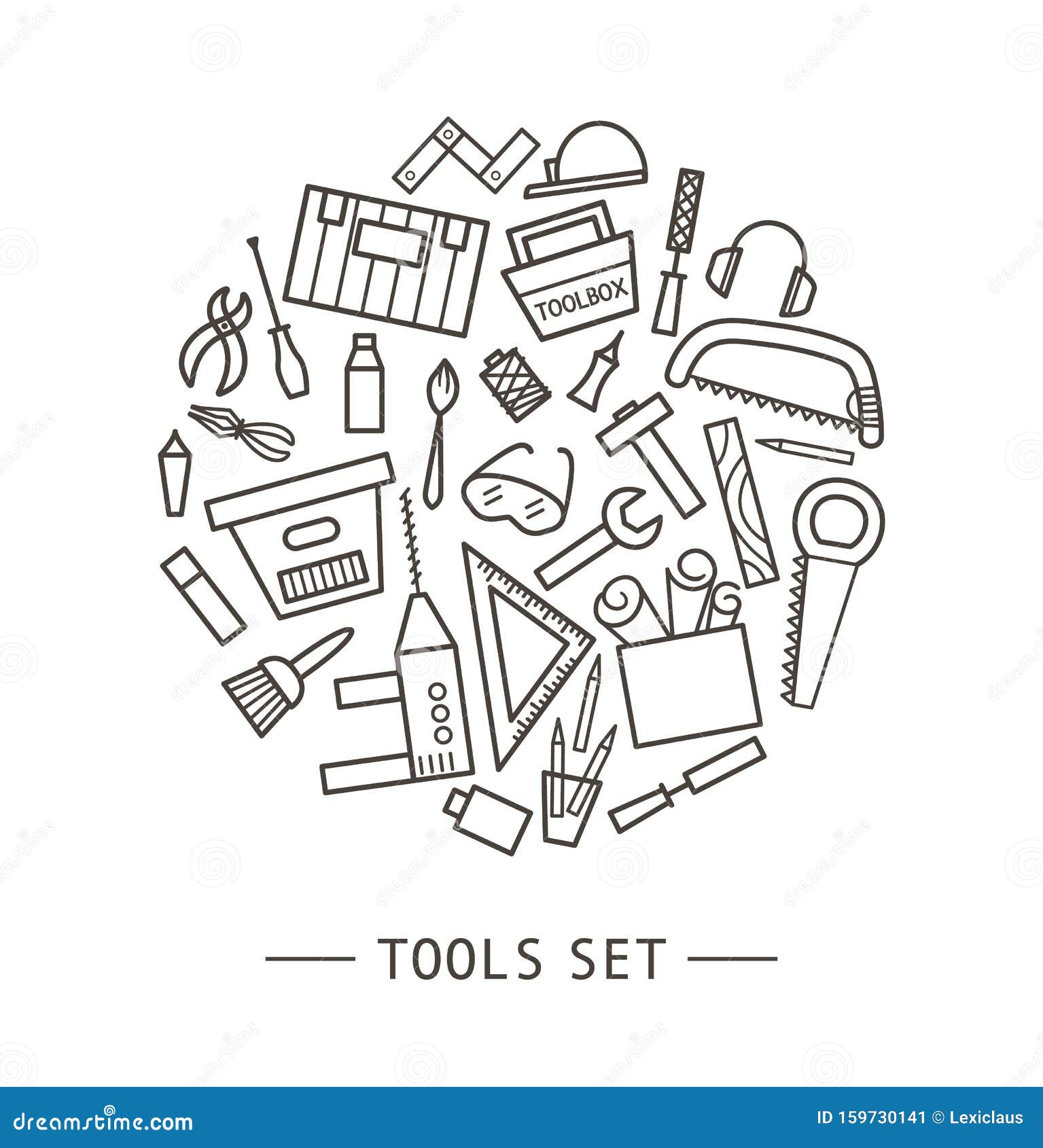 Vector Tools Icons Set Framed in Circle. Flat Linear Black and White ...