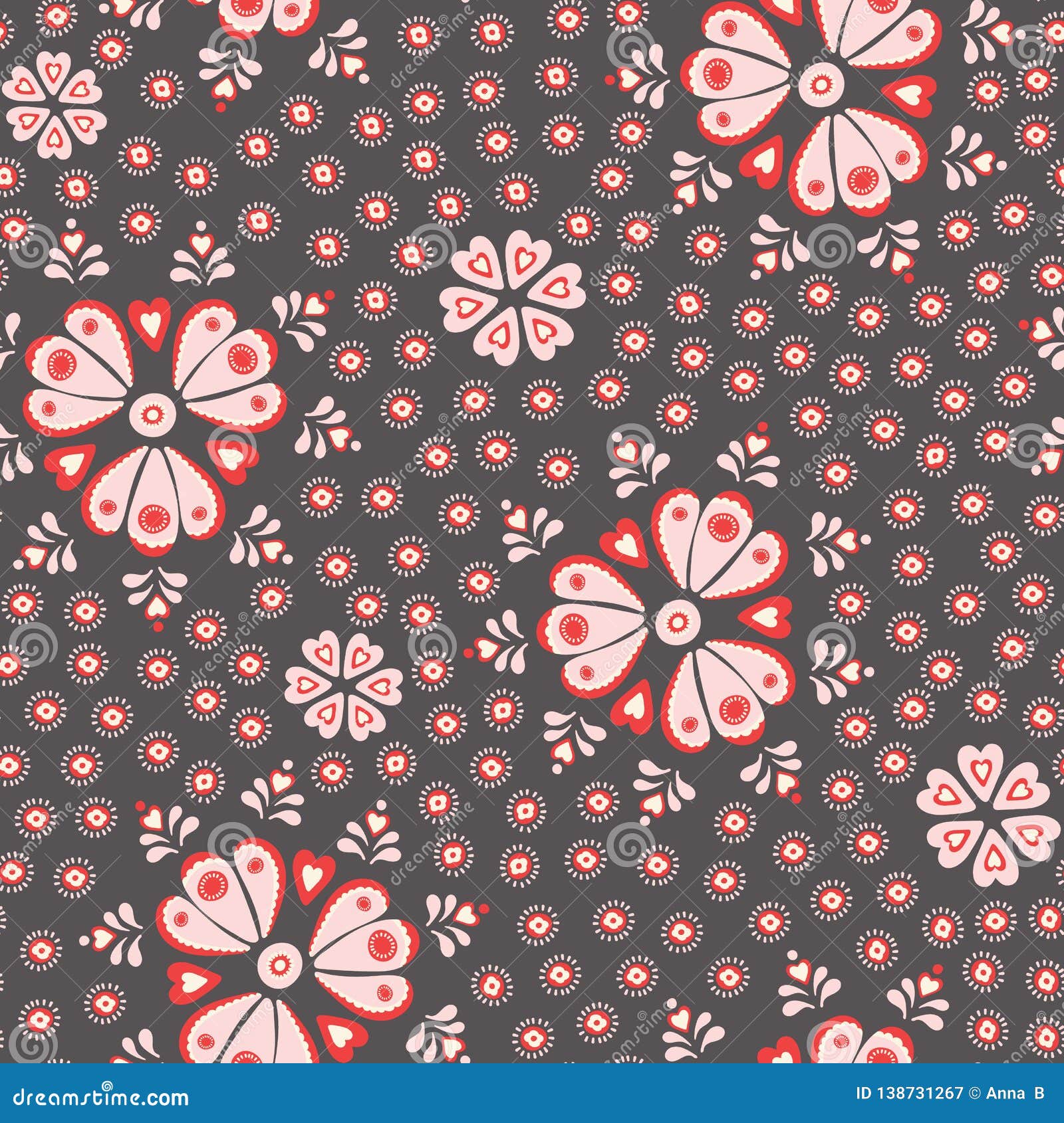 Vector Tossed Pretty Floral Red, Cream and Pink Seamless Repeat Pattern ...