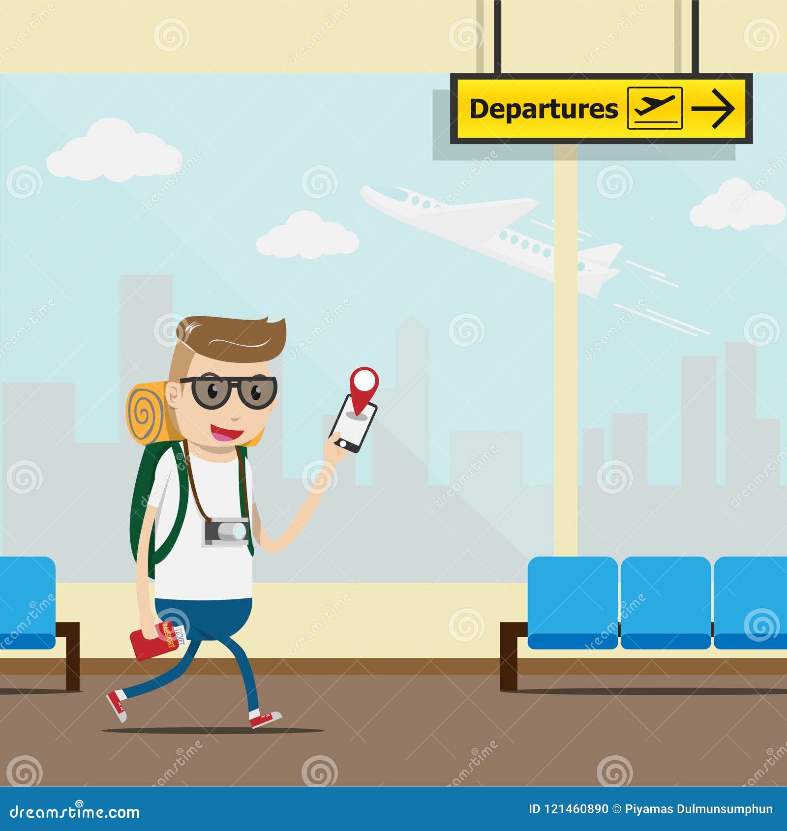 Vector. Tourist Use Mobile Application for Check in Stock Vector ...