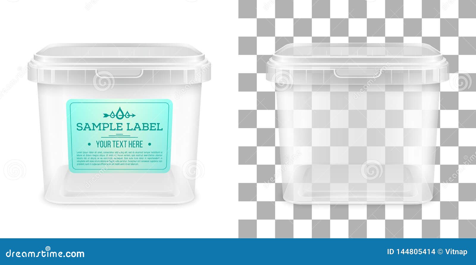 Vector Transparent Square Empty Plastic Bucket with Label. Front View ...