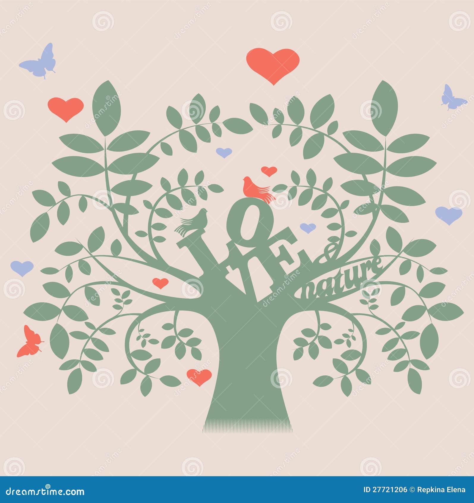 Vector Tree with Love Message and Birds Stock Vector - Illustration of ...