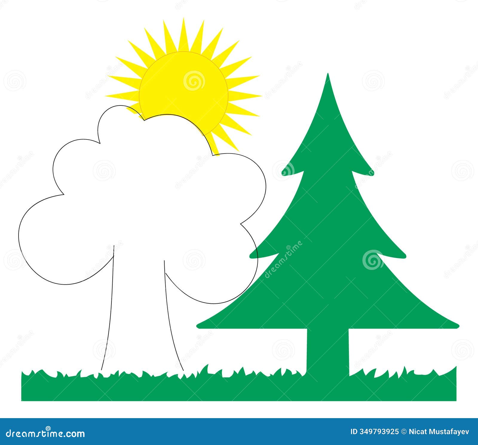 Vector Trees. Green and Black Tree Silhouettes. Tree, Sun, Cloud Icon ...