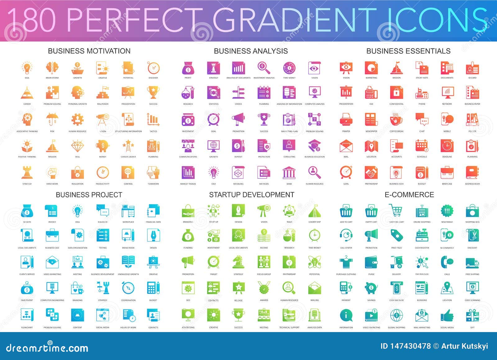 180 Vector Trendy Perfect Gradient Icons Set of Business Motivation ...