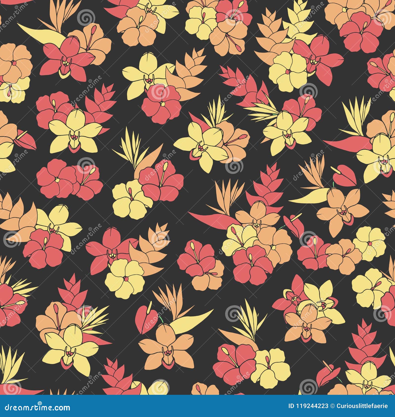 Vector Tropical Repeat Pattern with Orchid, Hibiscus and Bird of Stock ...