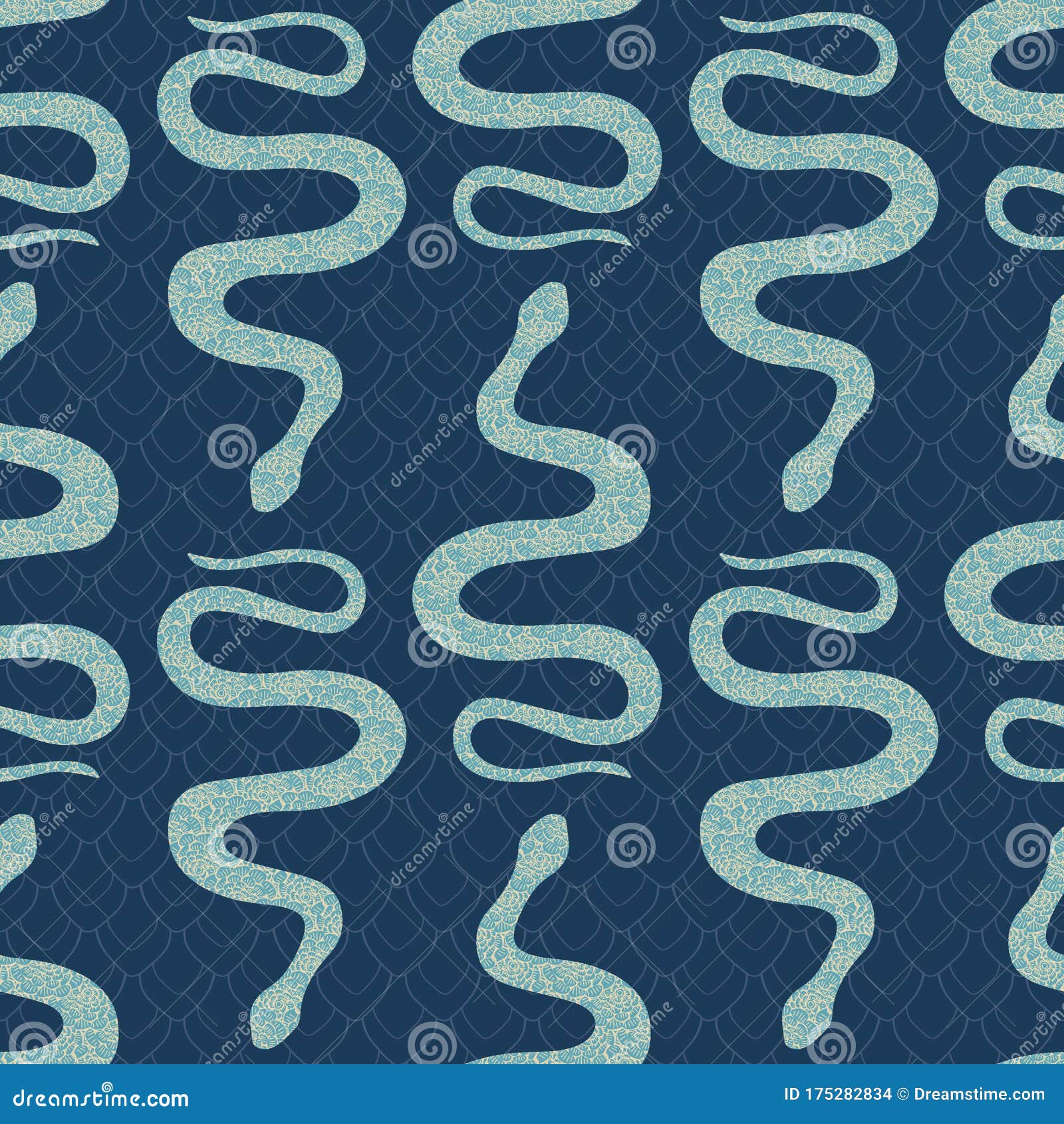 Vector Turquoise Blue Snakes on Blue Background Seamless Repeat Pattern ...