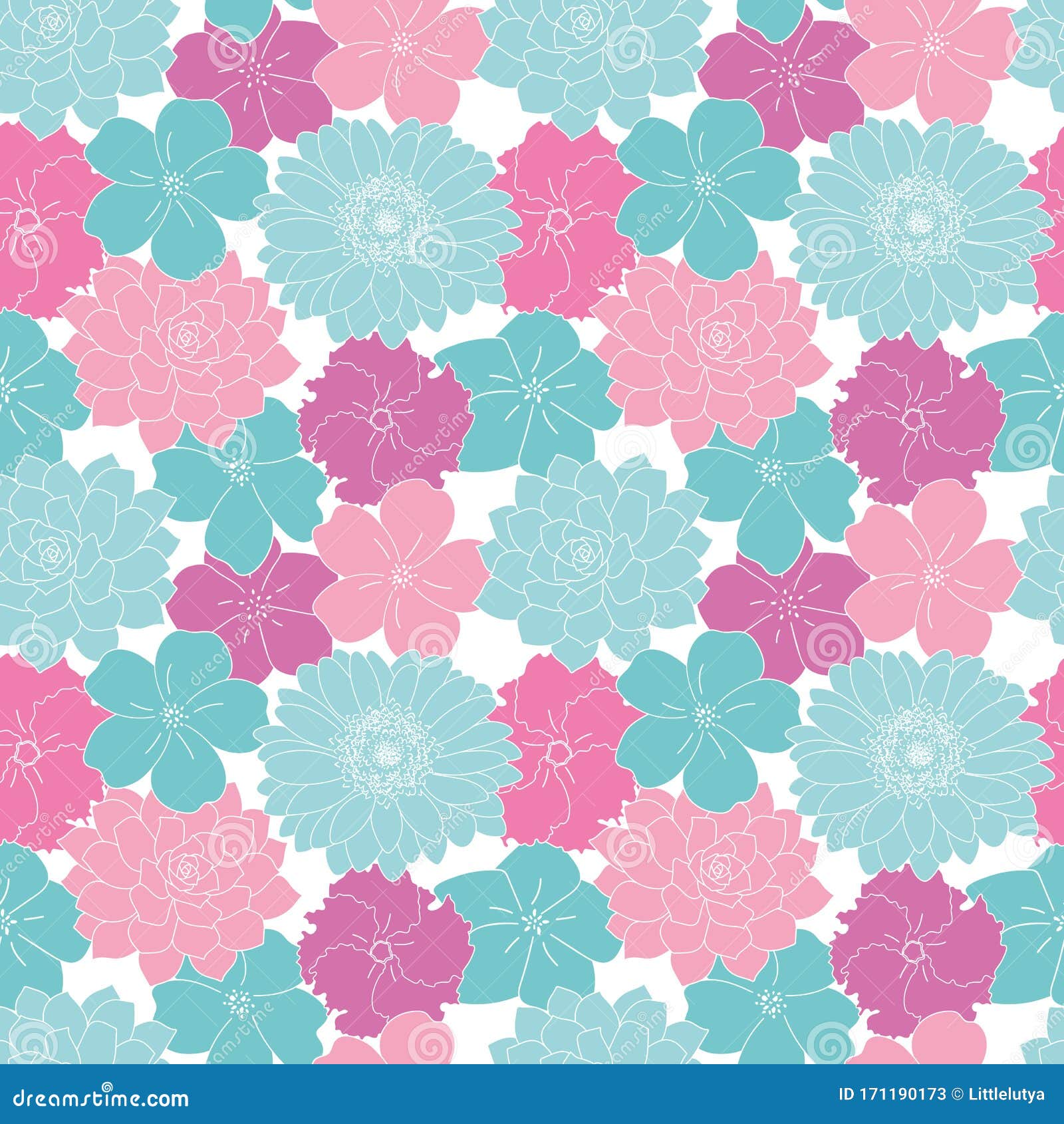 Vector Turquoise and Pink Flowers Seamless Pattern White Background ...