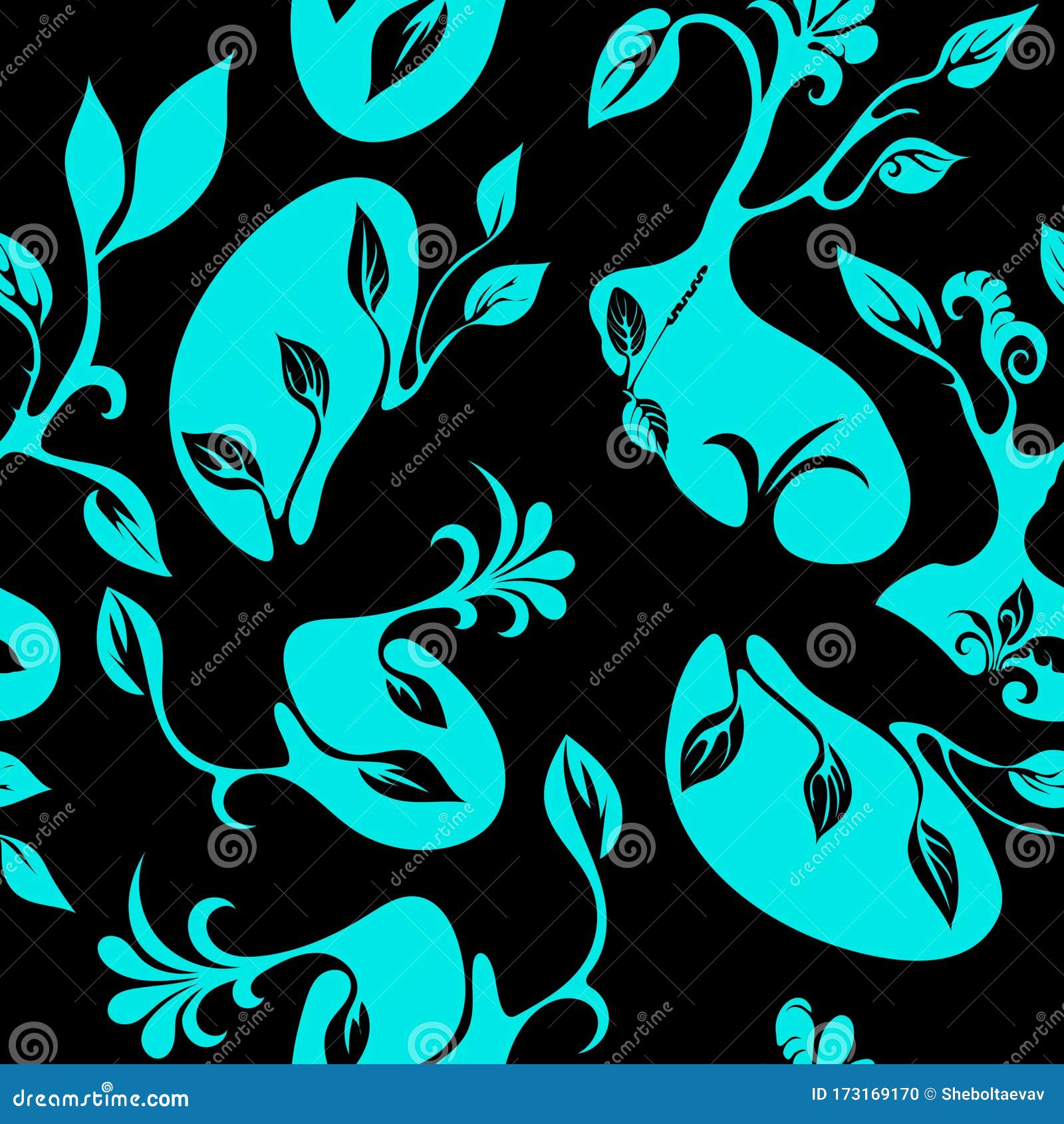 Vector Two-color Seamless Abstract Pattern with Drawn Decorative Plant ...