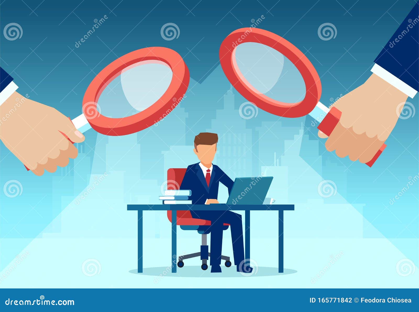 Vector of Two Managers with Magnifying Glass Watching Over at Employee ...