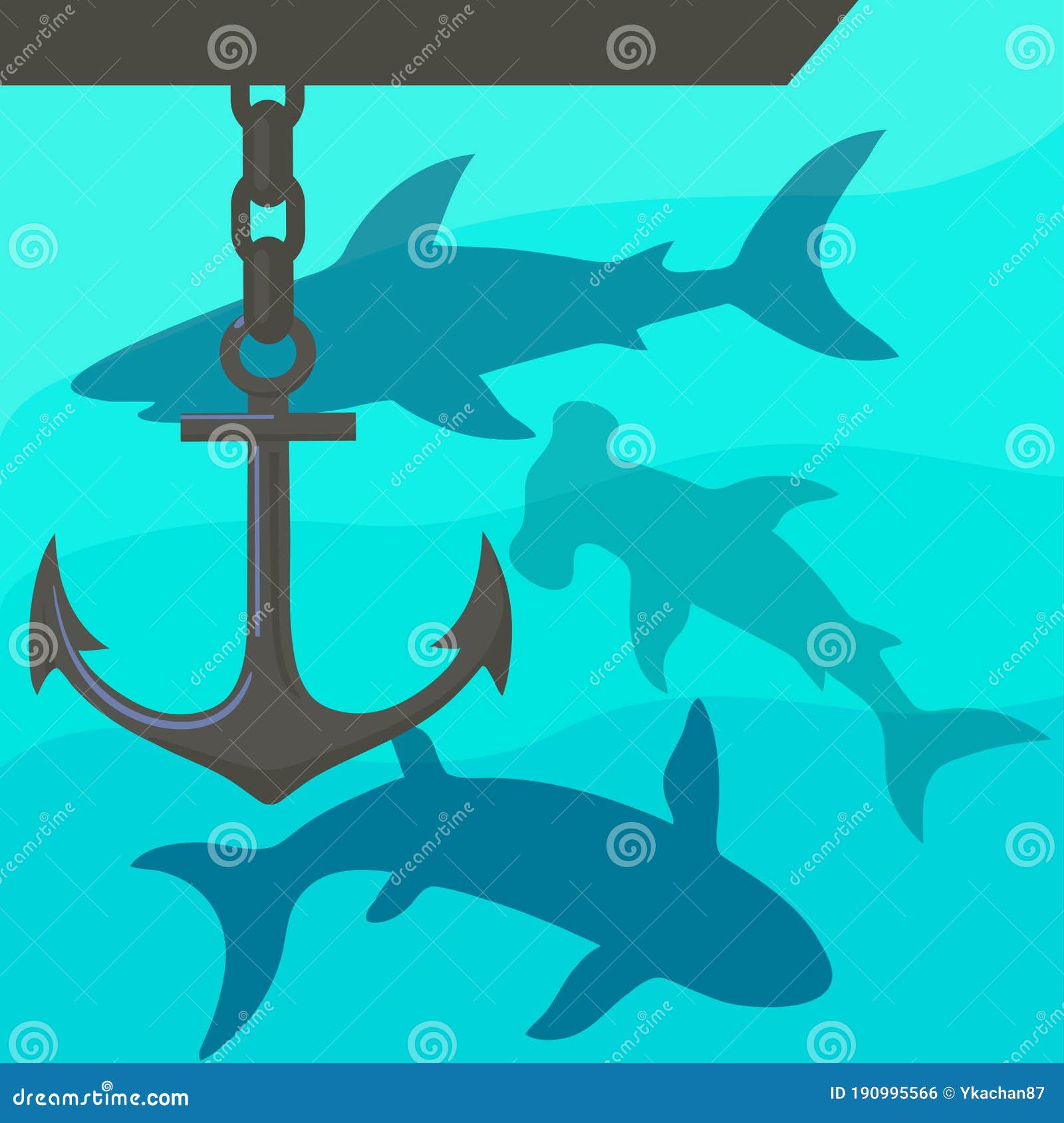 Vector Underwater Illustration with Sharks and Anchor of the Ship ...