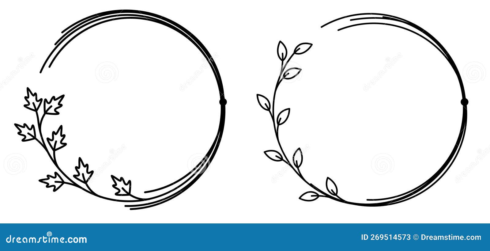 Vector Unusual Circle Frames in Mono Line Style with Leafs. Collection ...