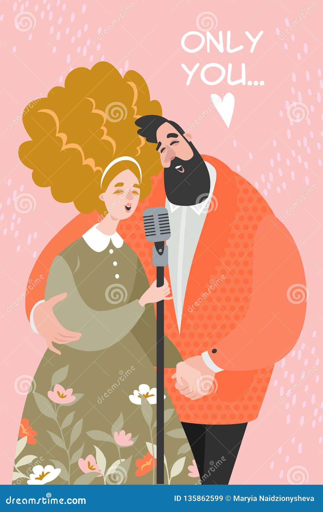Vector Valentines Day Illustration With Cute Couple Singing A Love Song