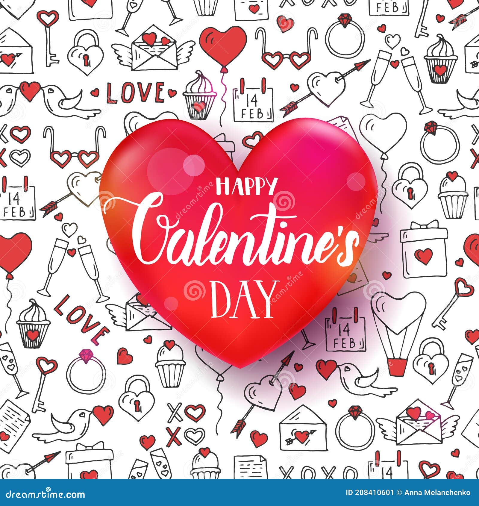 Vector Valentines Day Seamless Pattern With Hand Drawn Love Symbols 3d