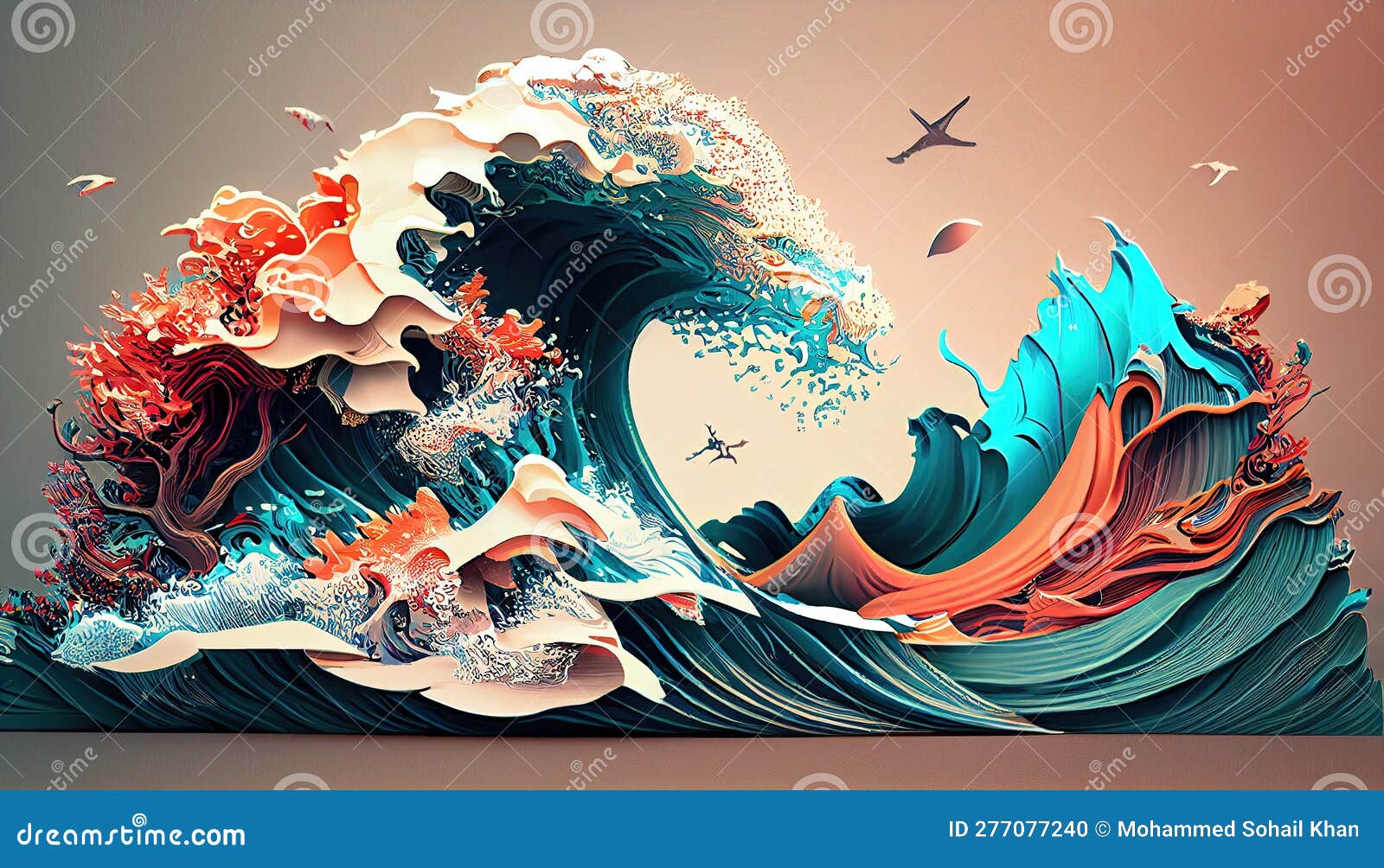 Vector Version of the Great Wave in 3D on Dark Background AI Generative ...