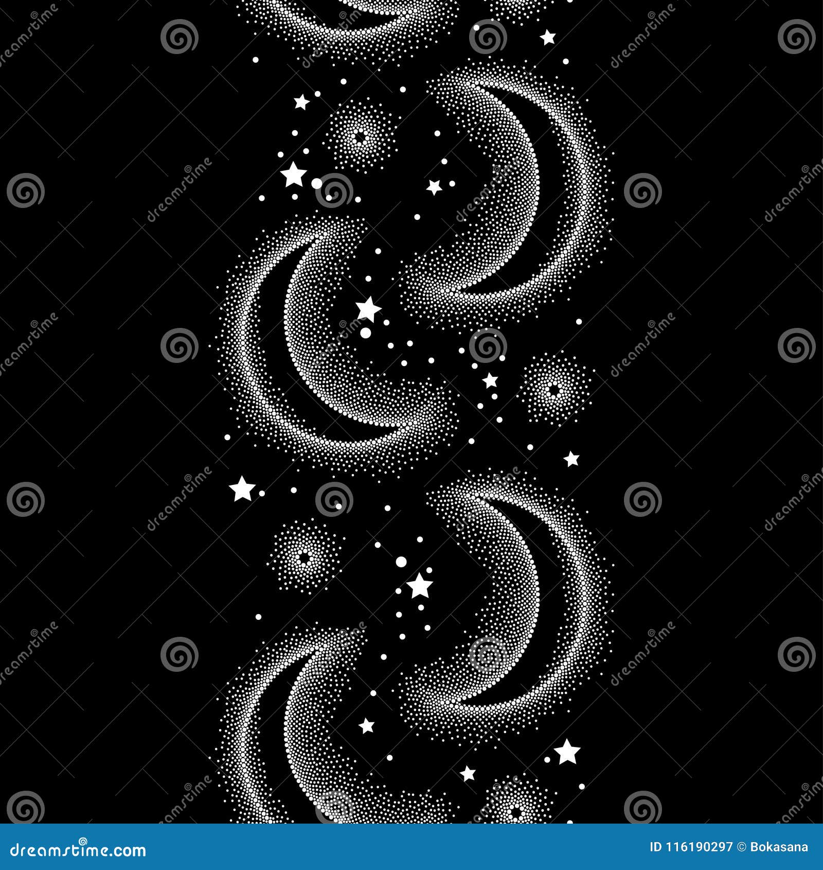 Vector Vertical Seamless Pattern with Dotted Half Moon and Stars in White on the Black ...