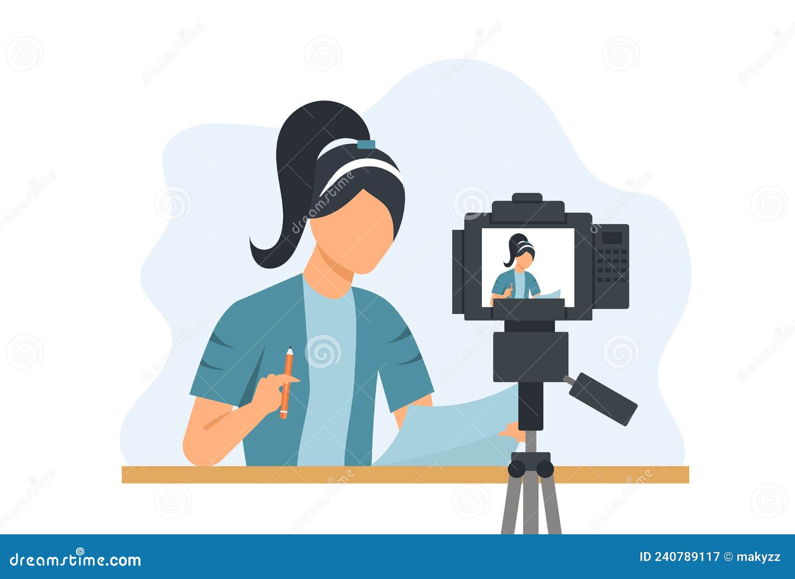 Vector Cartoon Illustration of Female Presenter at Home Make Live Video ...