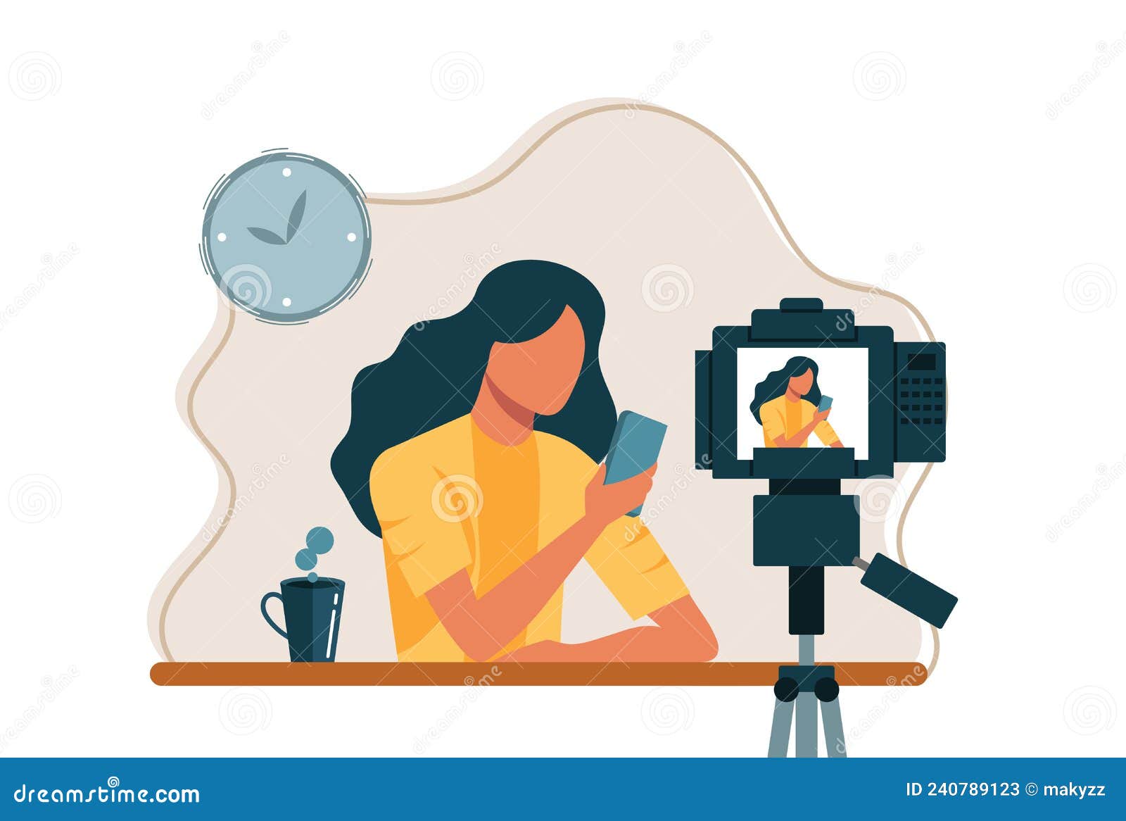 Vector Cartoon Illustration of Female Presenter at Home Make Live Video ...