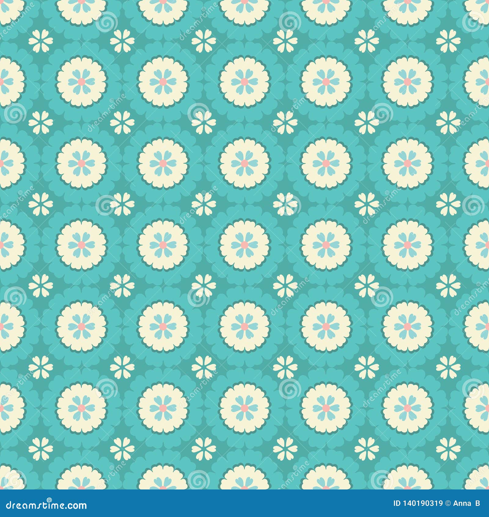 Vector Vintage Blue and Cream Geometric Flowers Seamless Repeat Pattern ...