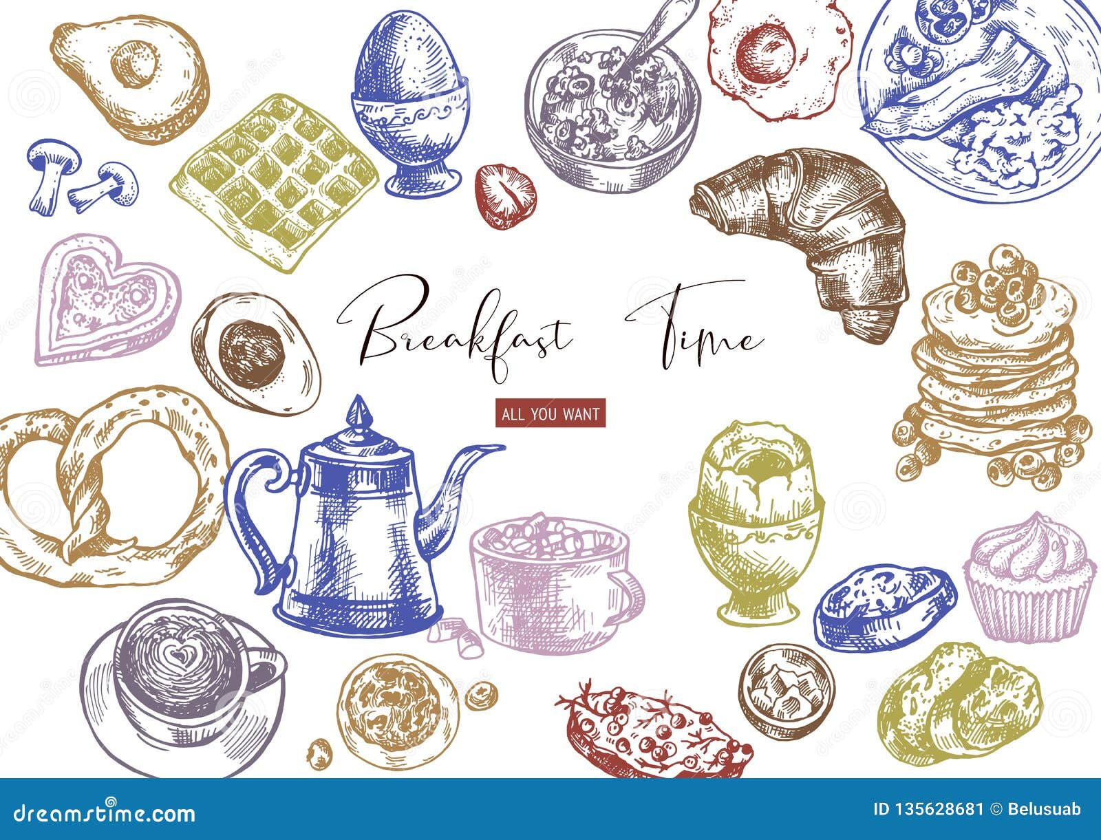 Vector Vintage Breakfast Objects, Food Top View Stock Illustration ...