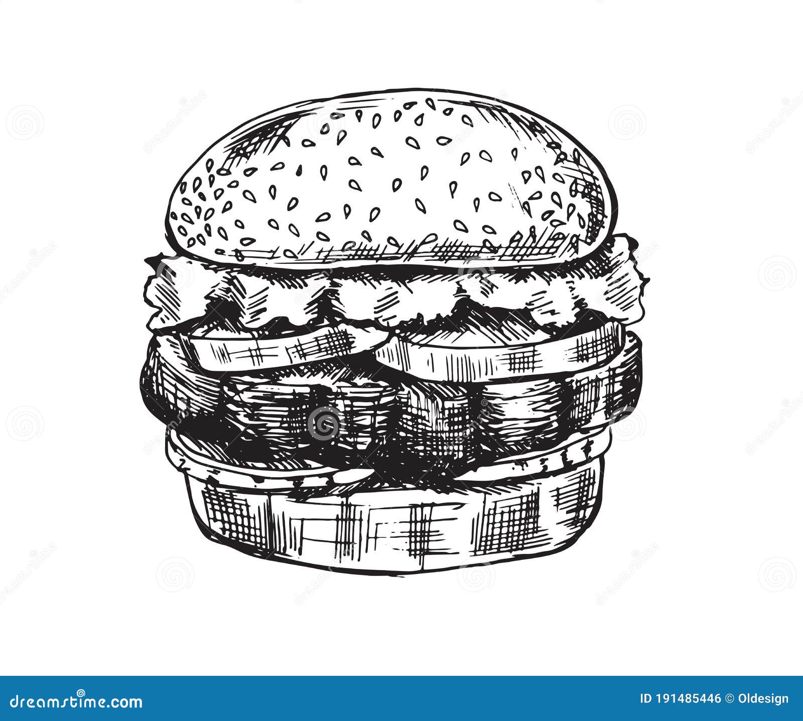 Burger - Drawing Vector Illustration, Black And White Colors, Simple ...