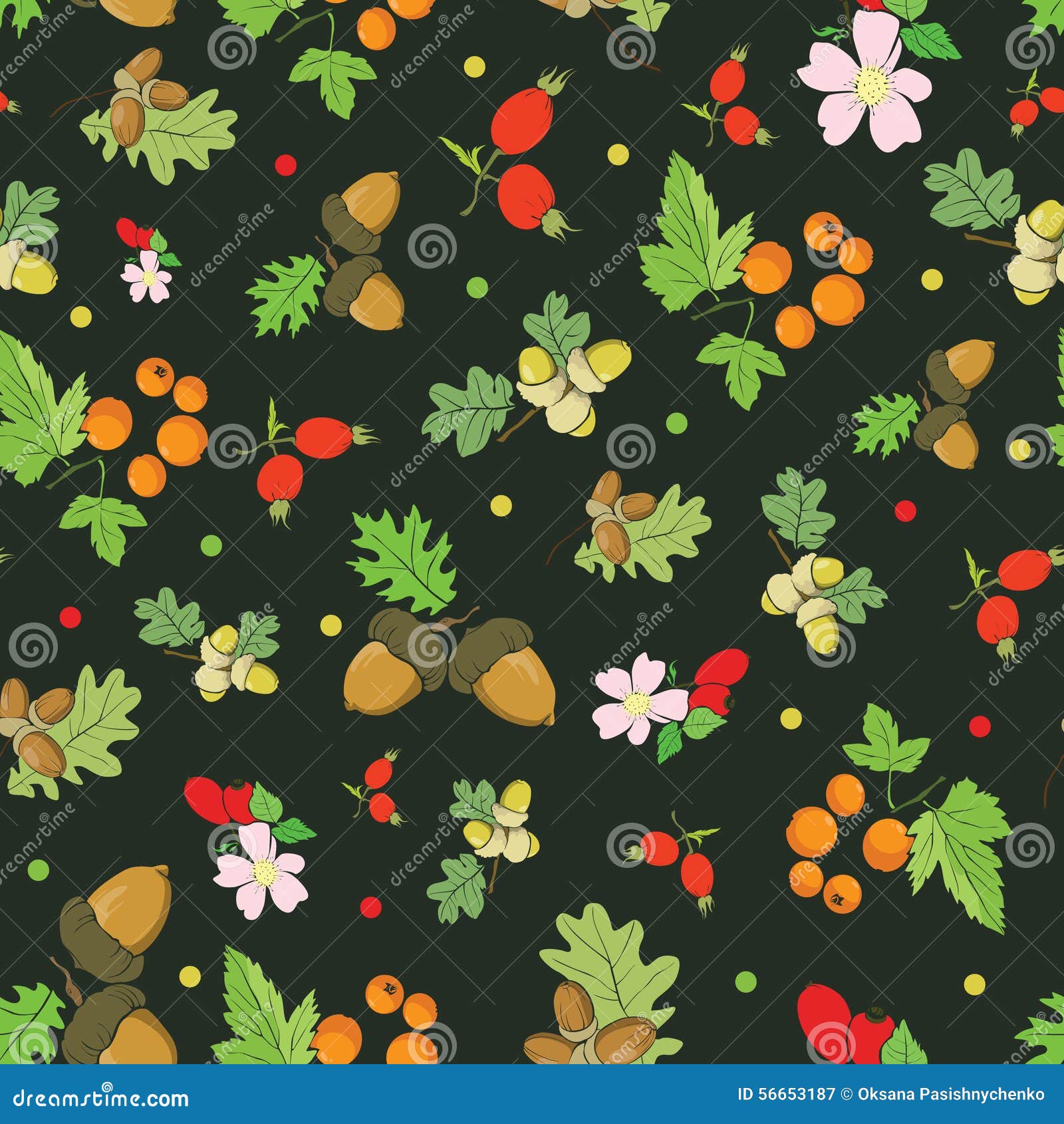 Vector Vintage Fall Berries Nuts on Dark Green Stock Vector ...