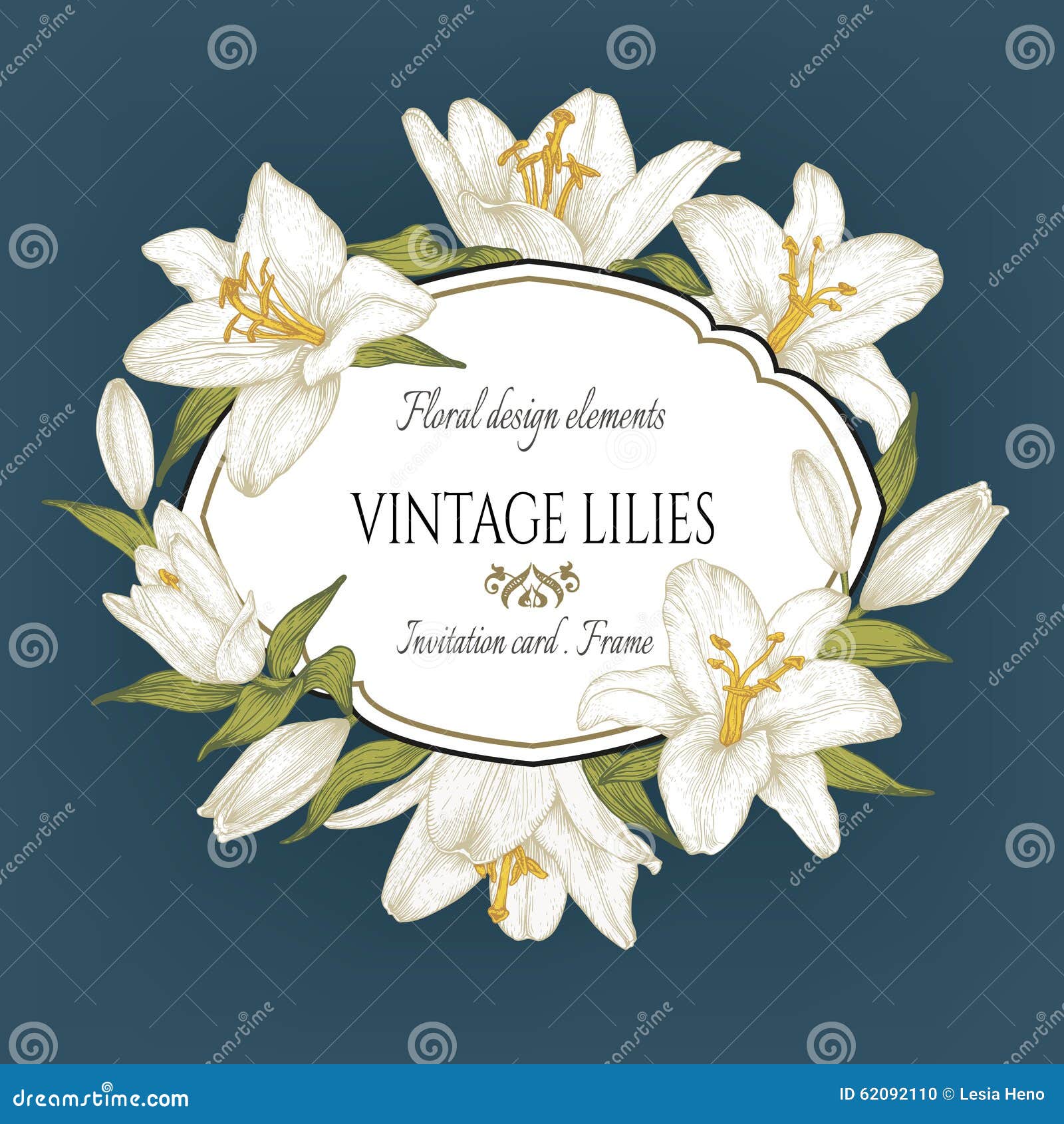 Vector Vintage Floral Card with a Frame of White Lilies on Blue ...
