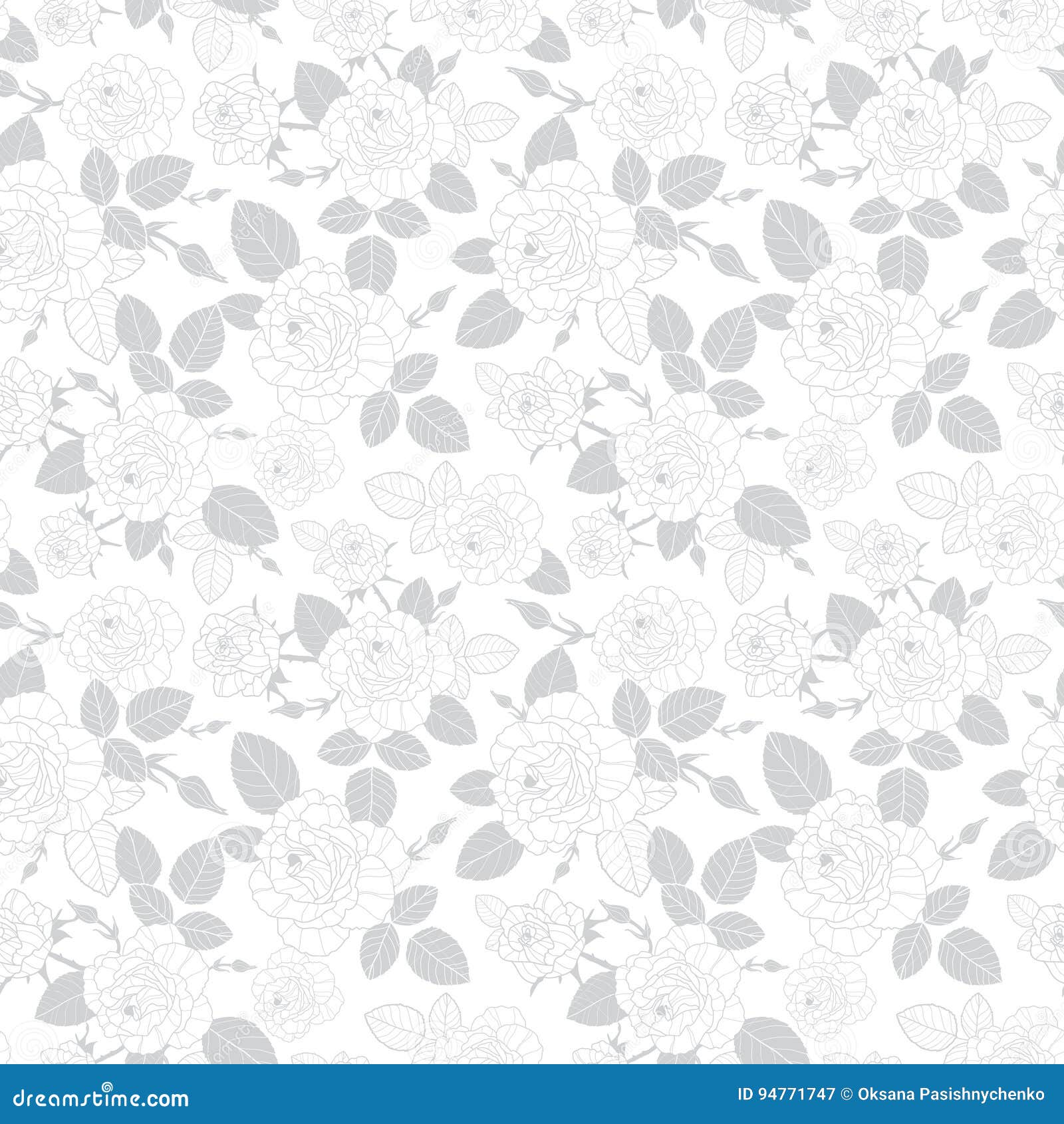 Vector Vintage Grey Roses and Leaves on White Background Seamless ...