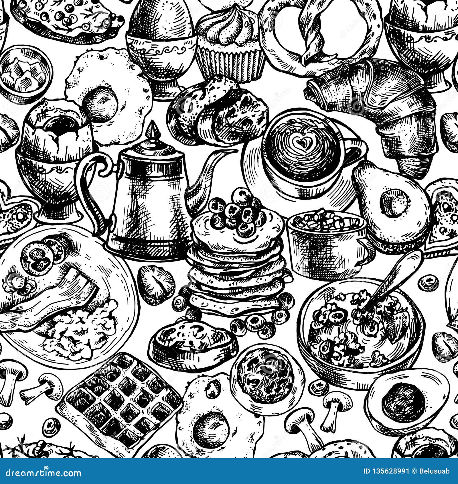 Vector Vintage Seamless Pattern of Breakfast Objects, Food Top View ...