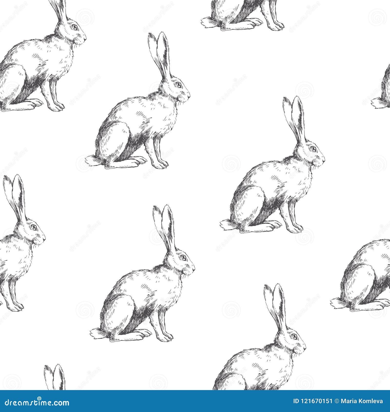 Vector Vintage Seamless Pattern with Sitting Hare Isolated on White ...