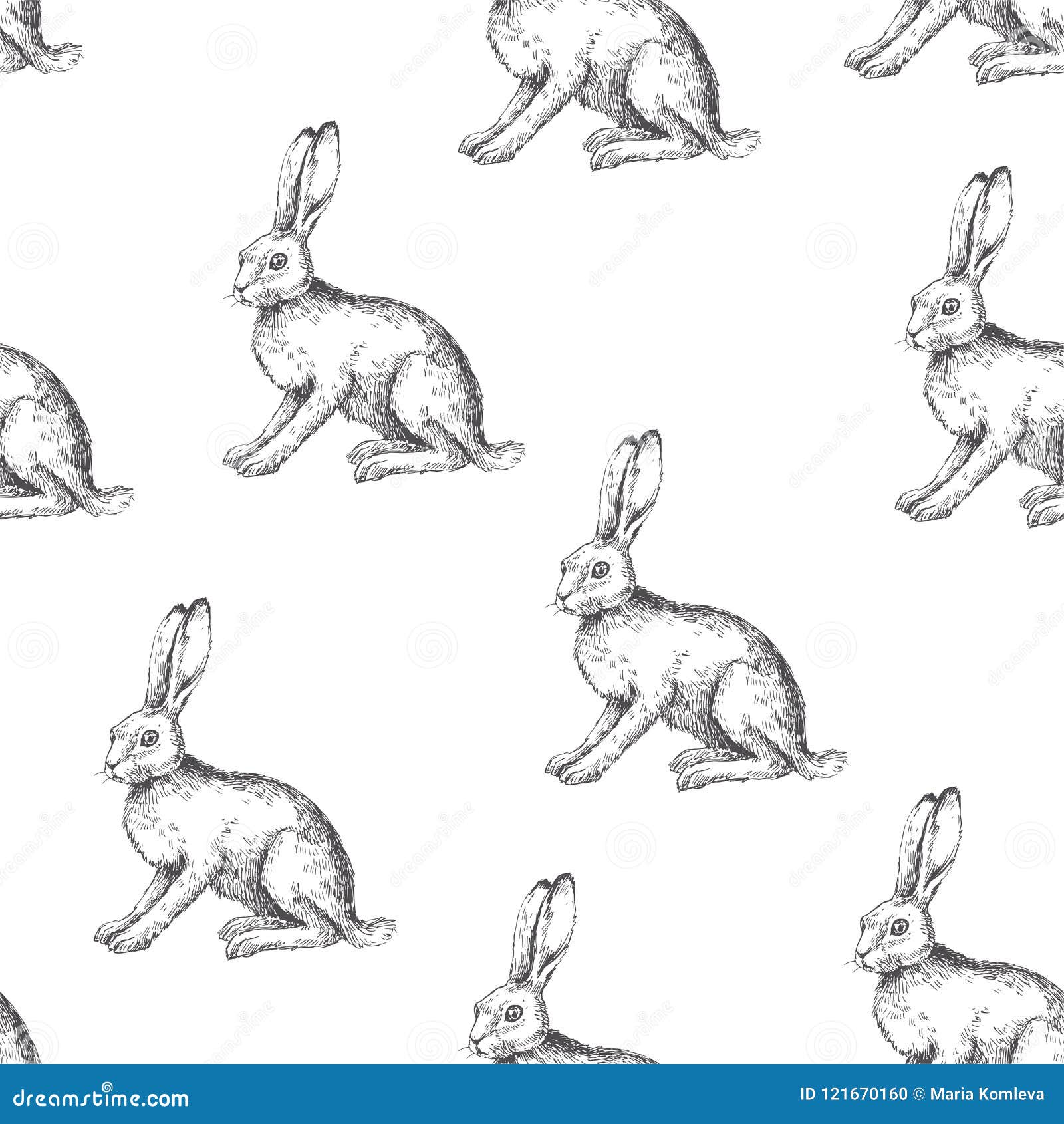 Vector Vintage Seamless Pattern with Sitting Hare Isolated on White ...