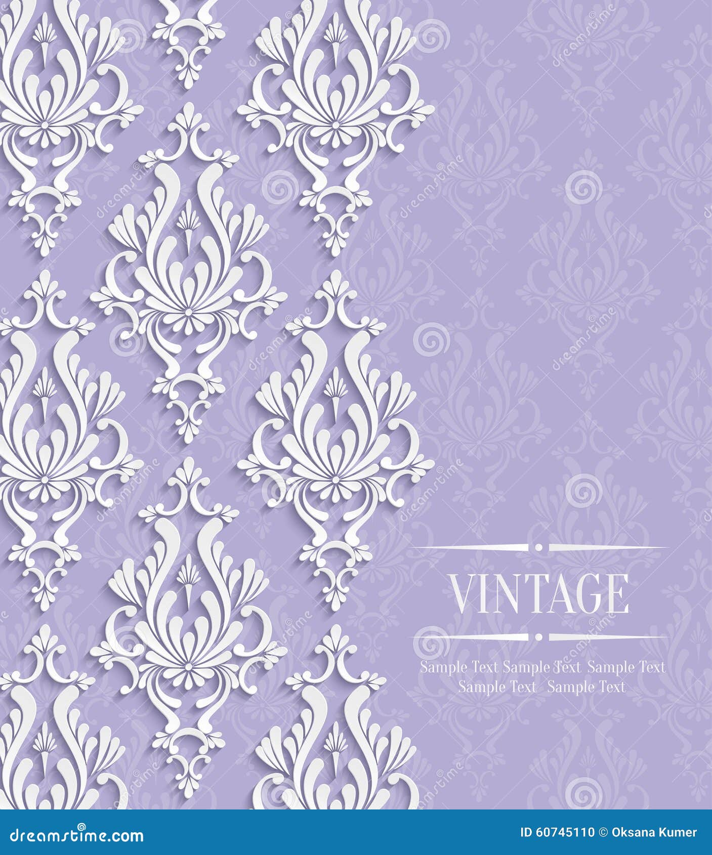 Vector Violet Vintage Invitation Card with Floral Damask Pattern Stock ...