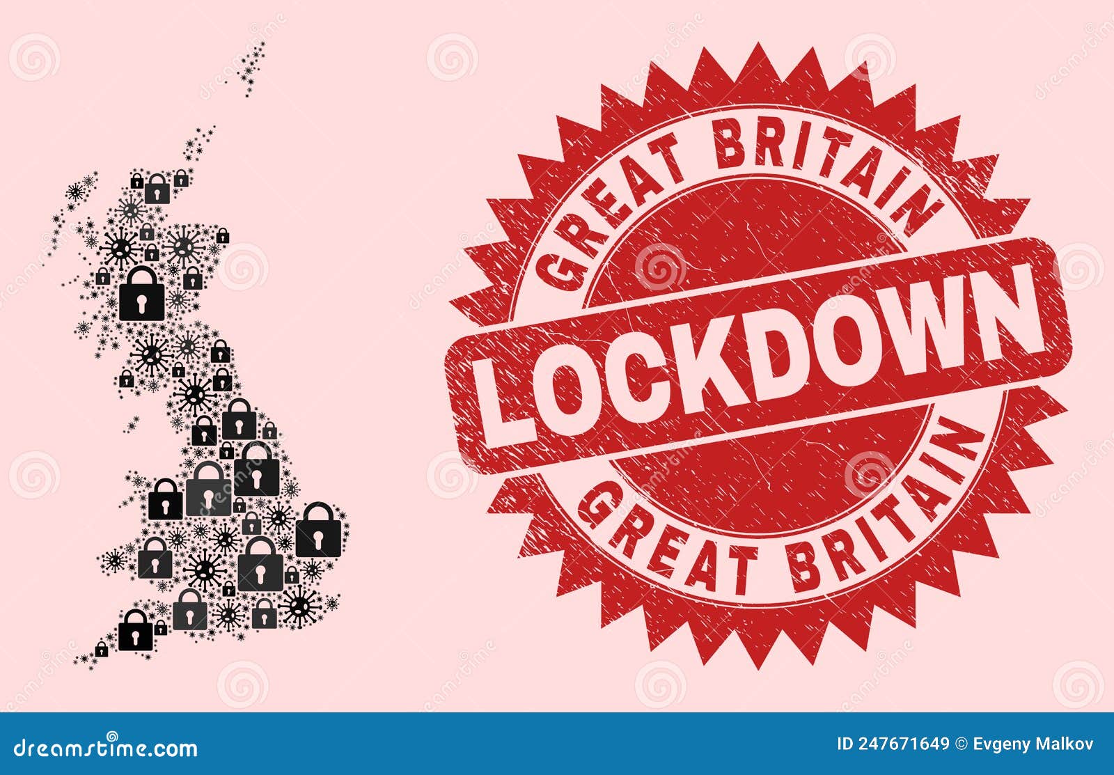 Great Britain Map Collage of Locks and Covid and Grunge Lockdown Stamp ...
