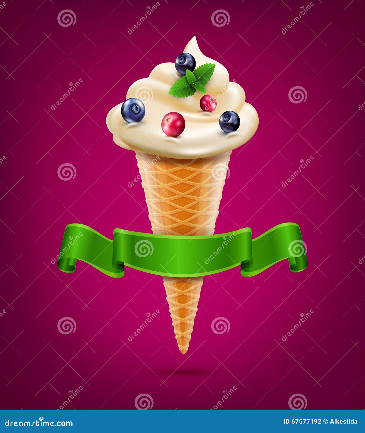 Vector Wafer Cone With Cream Ice Cream With Berries And Mint Stock
