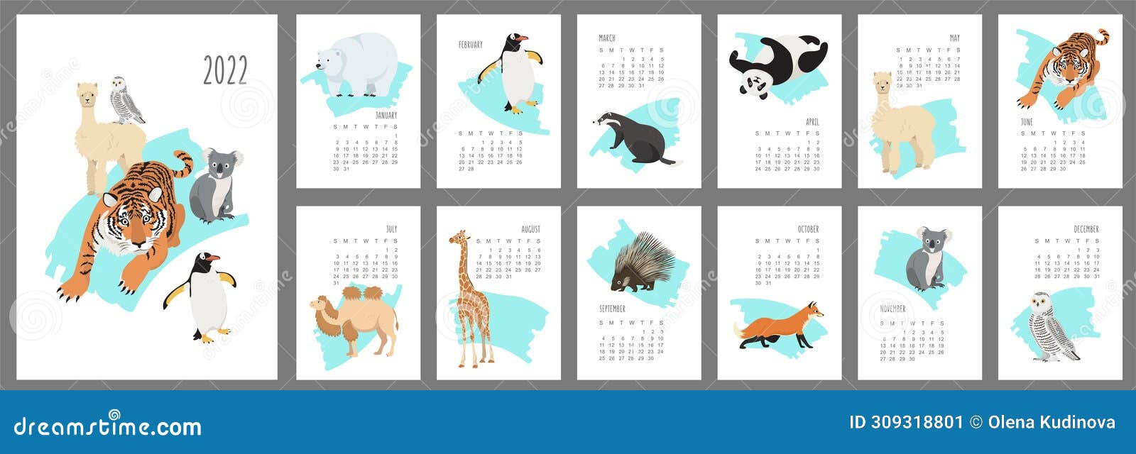 Vector Wall Calendar Design Template with Various Animals, Year of the ...