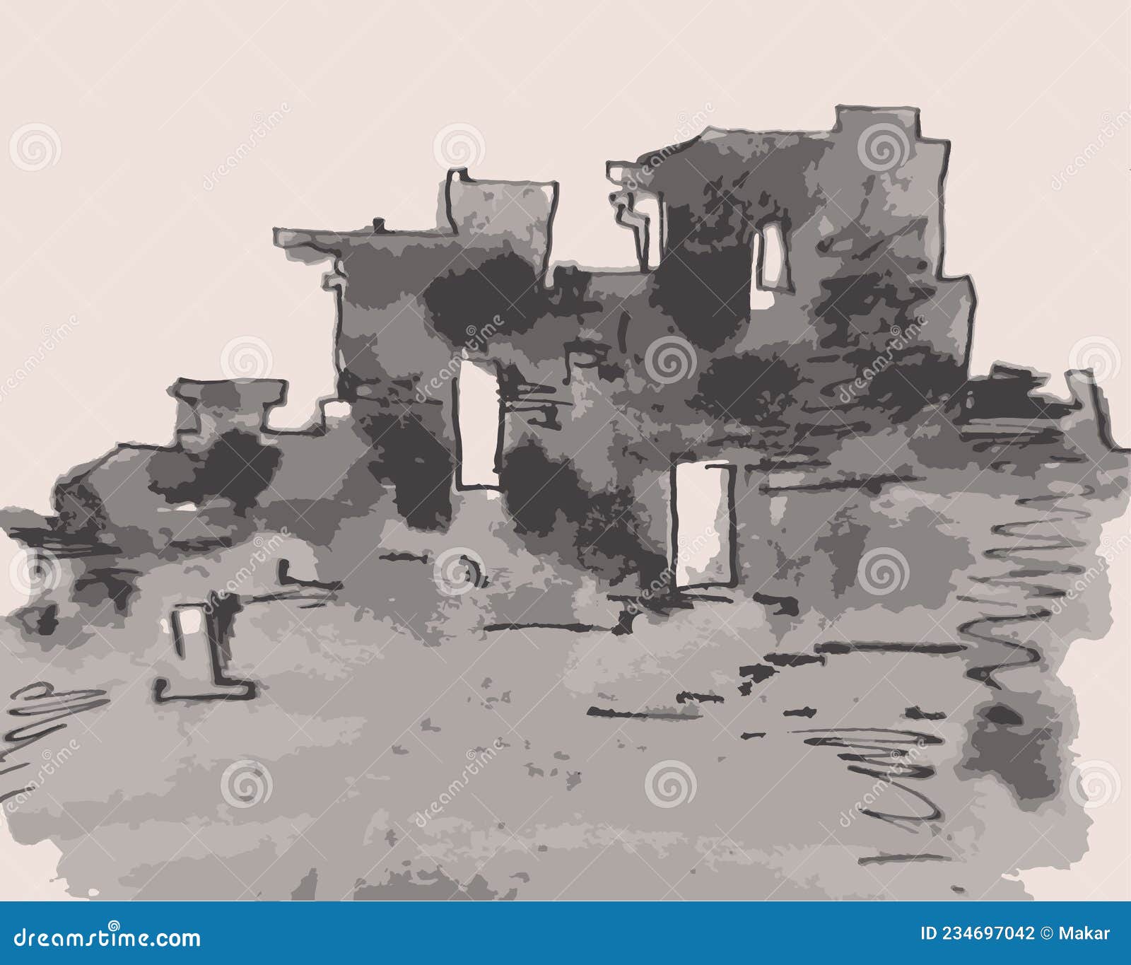 Vector Watercolor Brush Drawing of Silhouette Ruins Ancient Building ...
