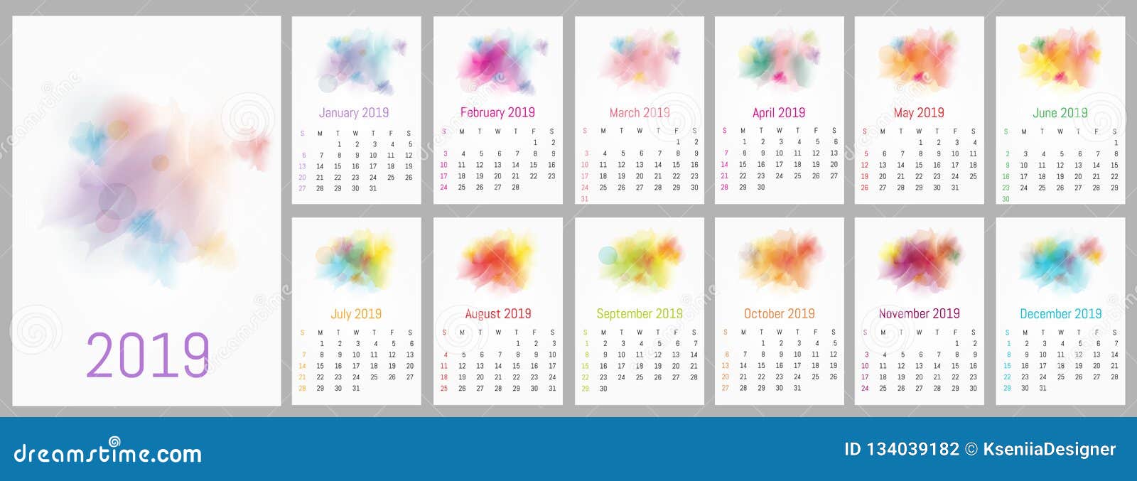 Vector Watercolor Design Calendar 2019 Stock Illustration ...